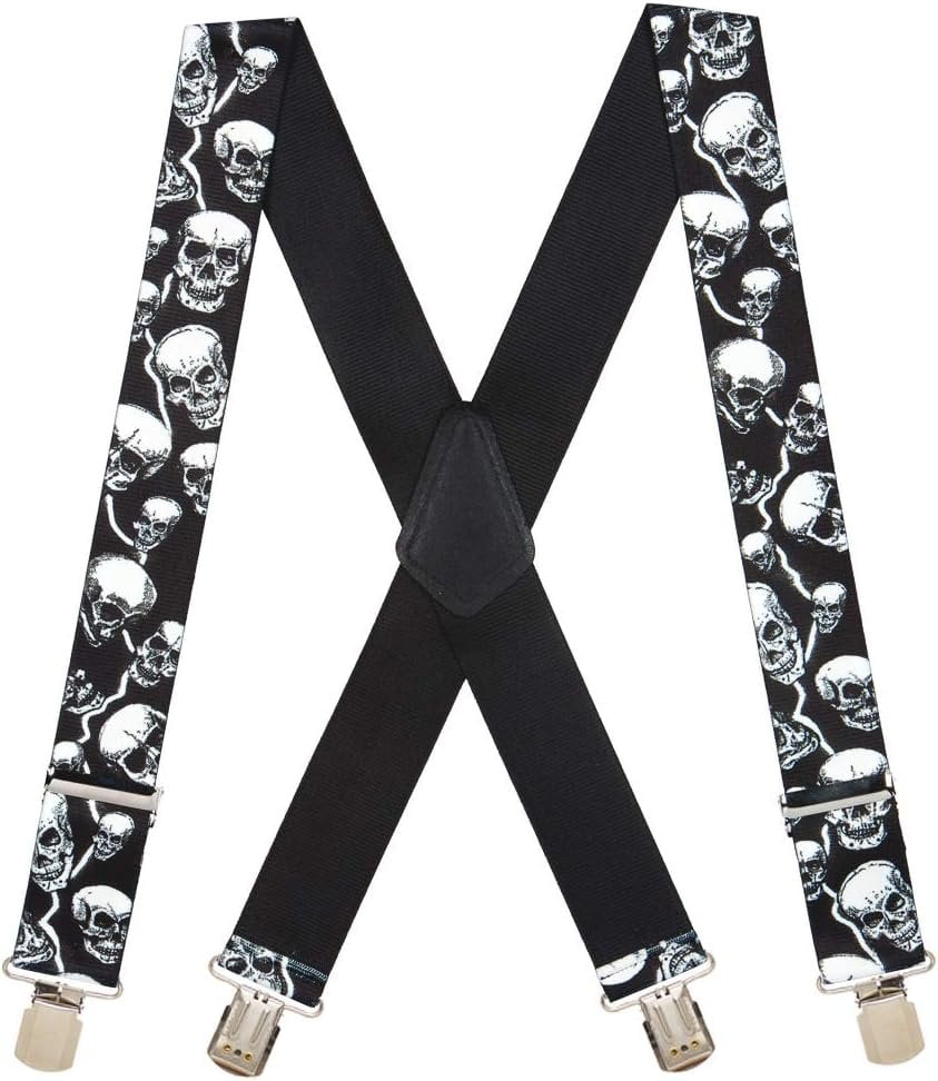 SuspenderStore Skull Suspenders - 2-Inch Wide Elastic - Pin Clip - 4 ...