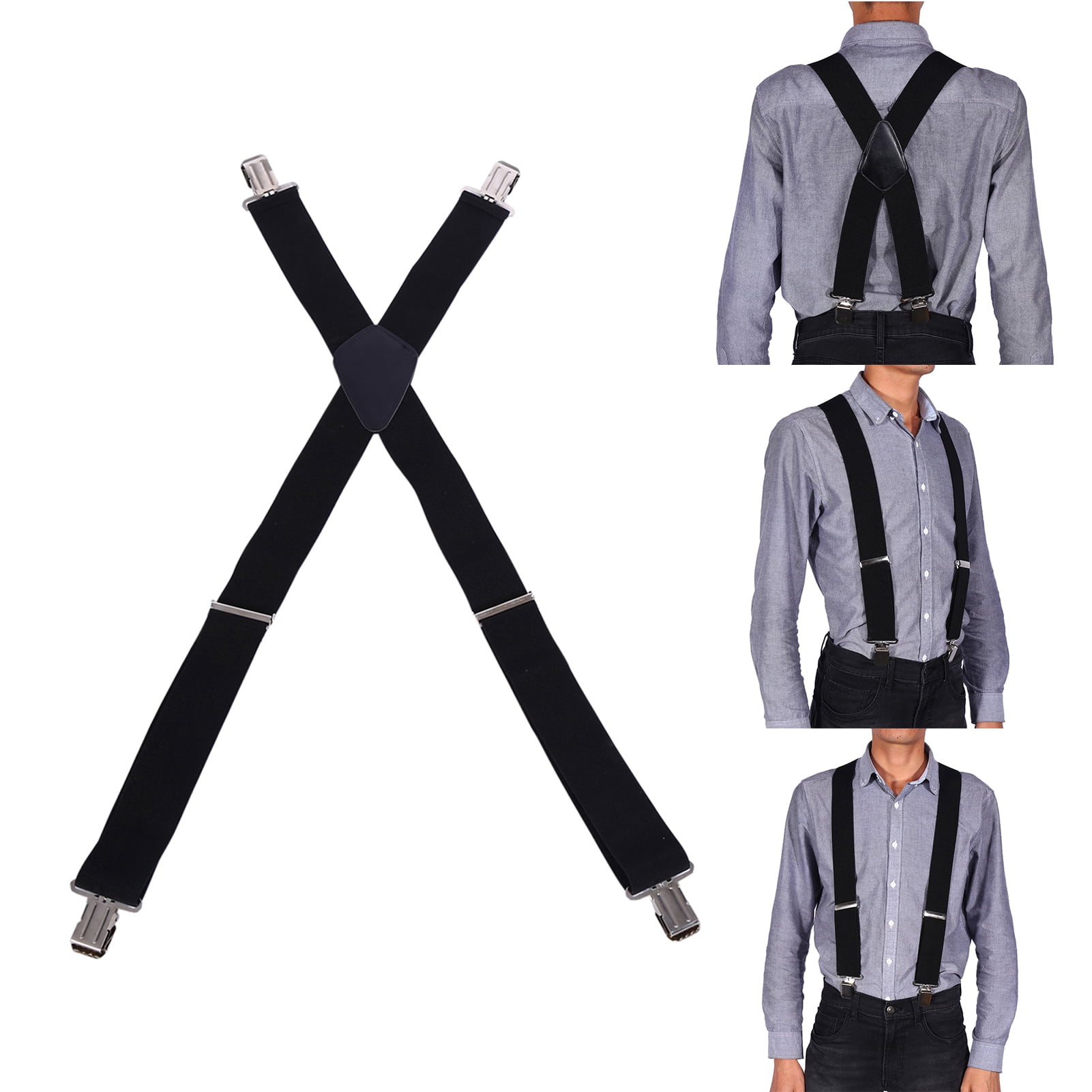 Suspenders for Men, Black Polyester + Stainless Steel Clip X Shape ...