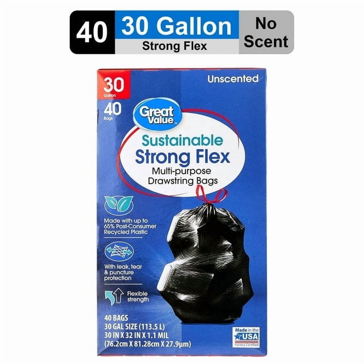 Sustainable Strong Flex Multi-Purpose Drawstring Bags, 30 Gallon, 40 ...