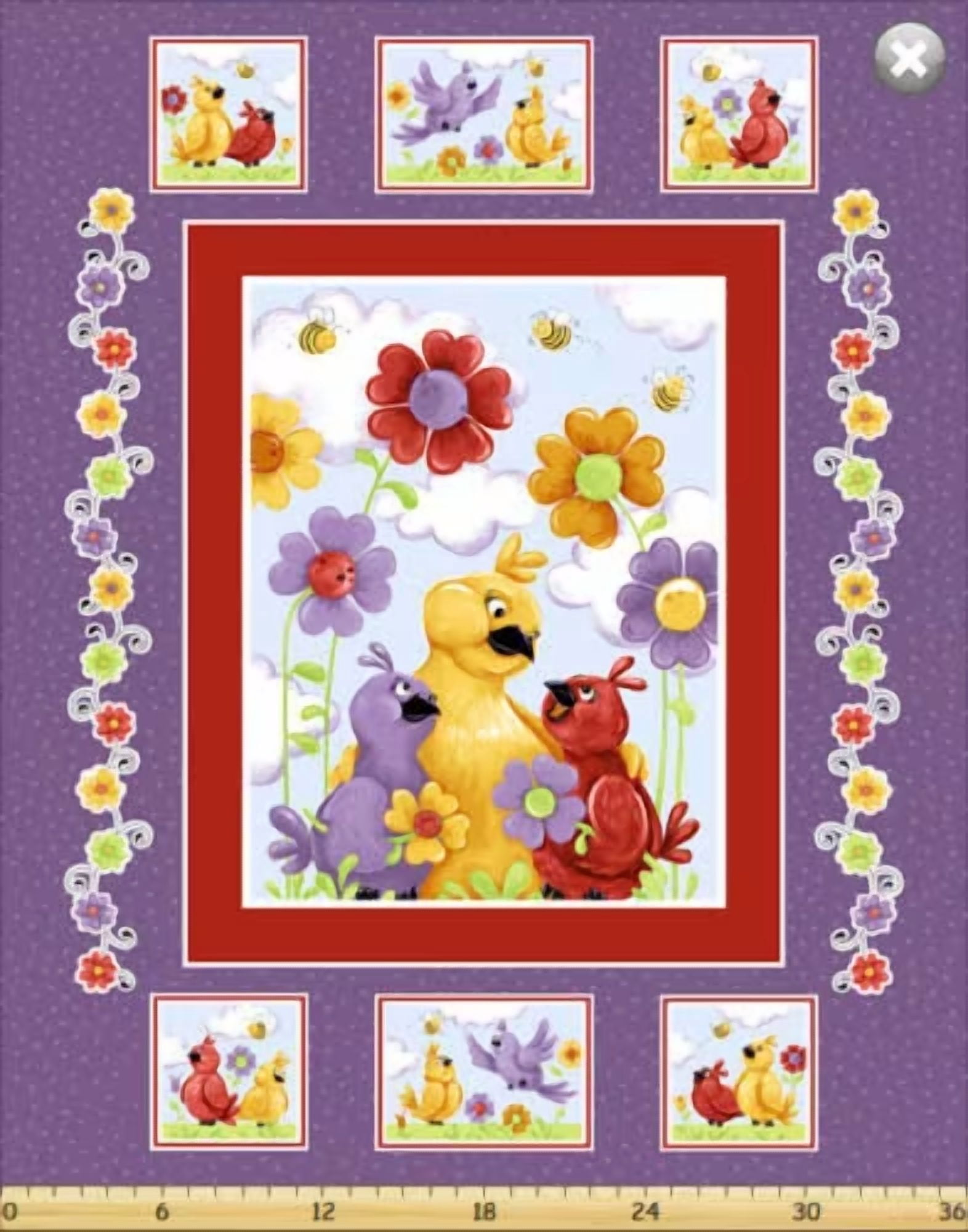 Susybee Bird Fabric Fowl Play Birds 35x43in. panel on purple - with ...