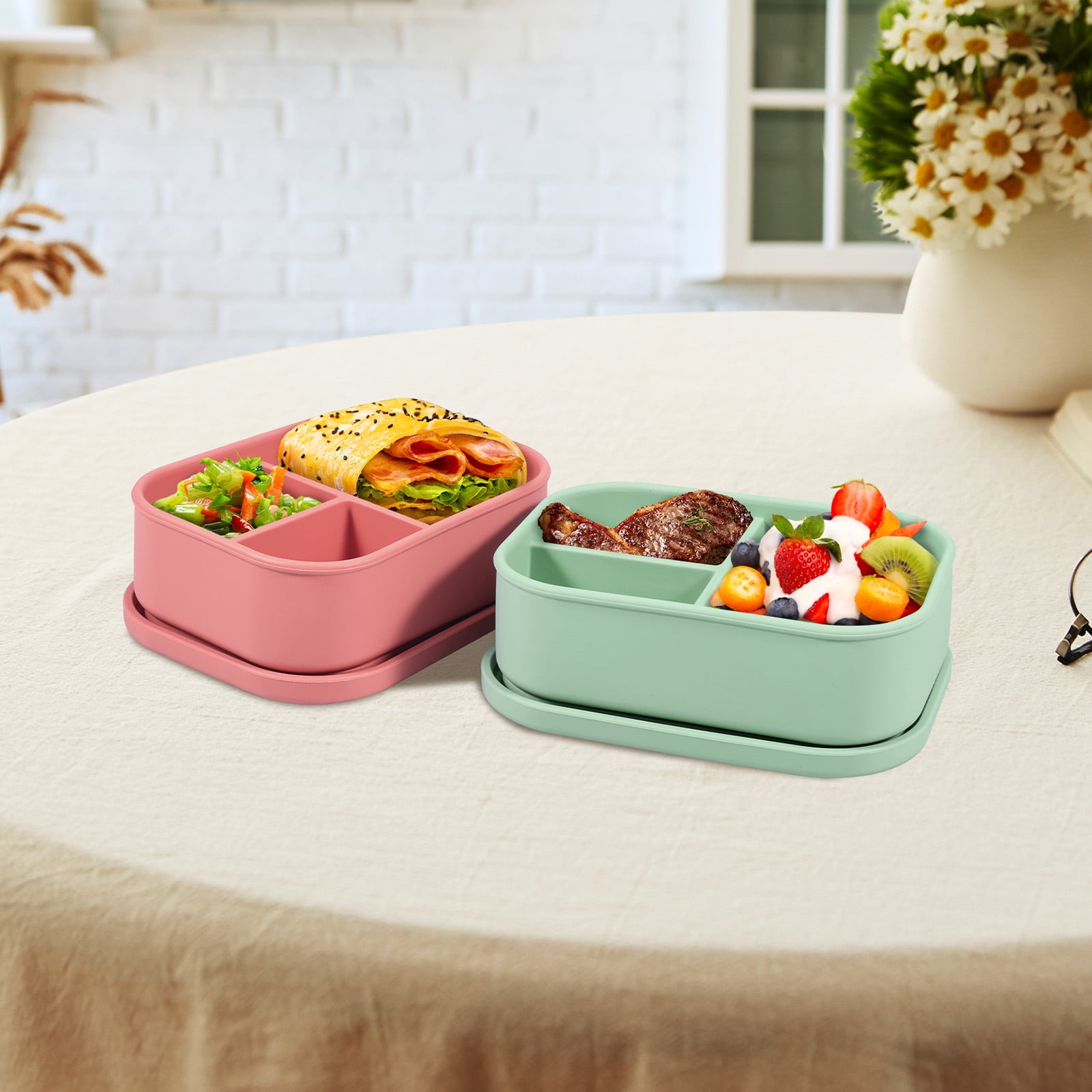 Sutowe 2 Pcs Silicone Food Box with 3 Compartment Reusable Food ...