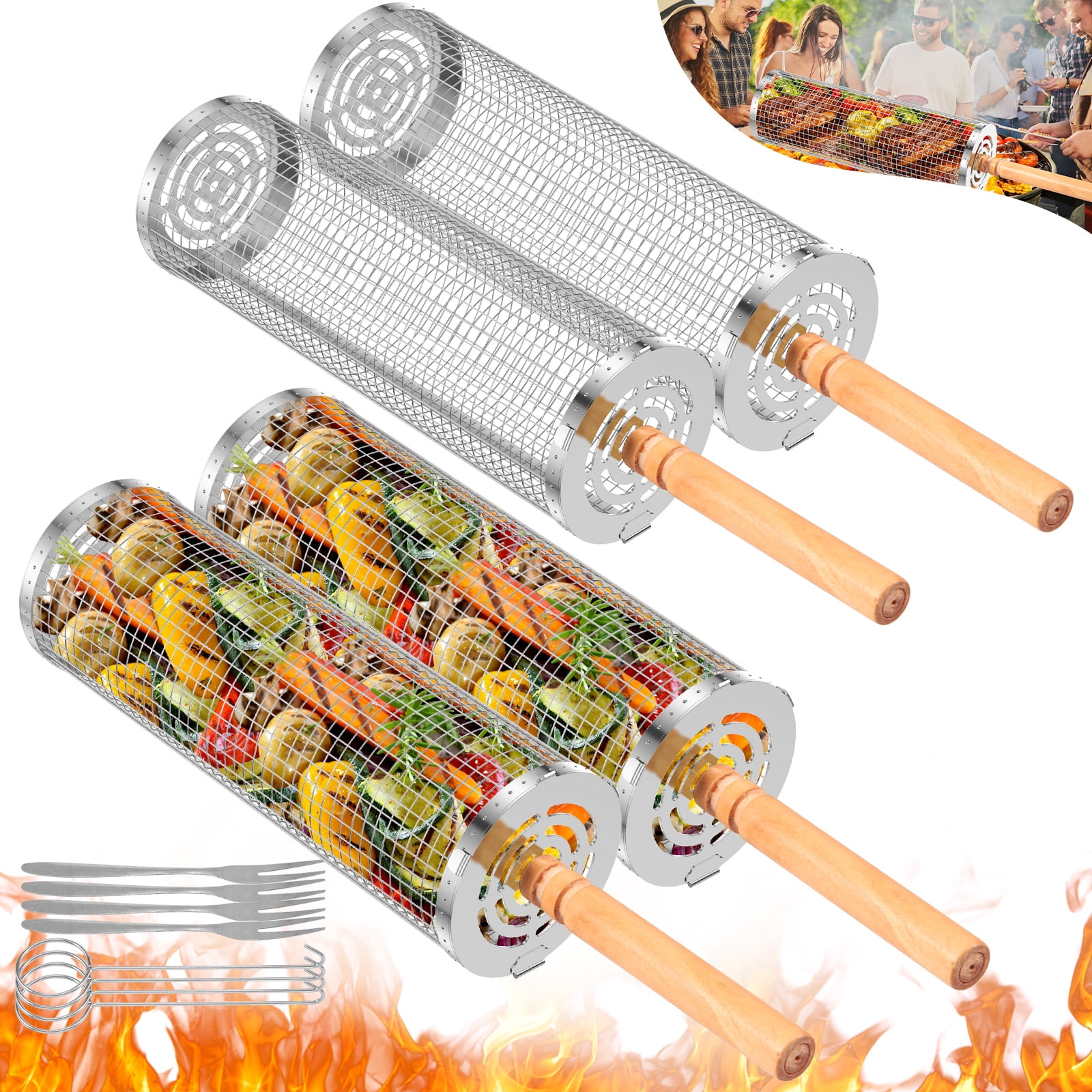 Sutowe 2 Set Stainless Steel Nesting Grill Basket 360° Rotation Rolling ...