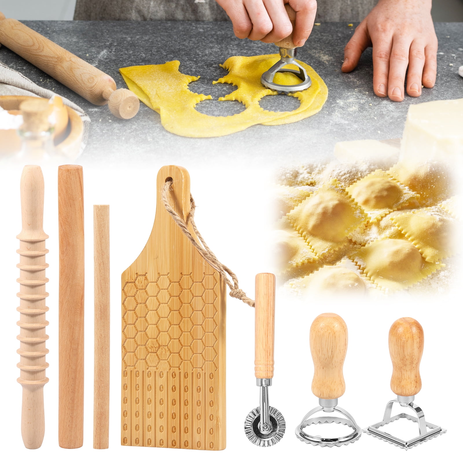 Sutowe 7Pcs Pasta Making Tools Set Includes Spiral Rolling Pin Wooden ...