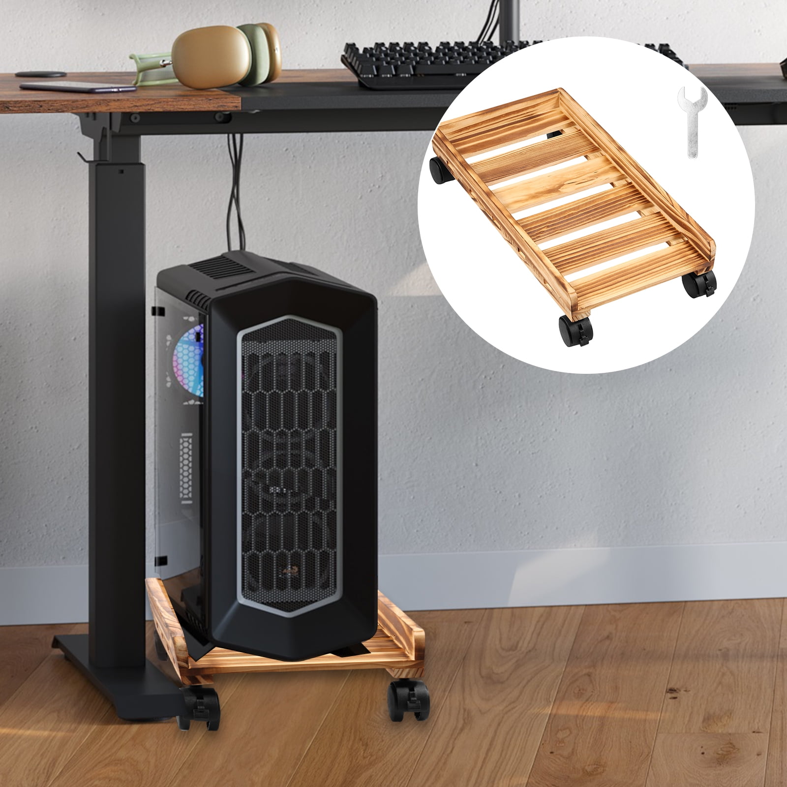 Sutowe Computer Tower Cart with Wheels Wood Computer Stand Cart Open ...