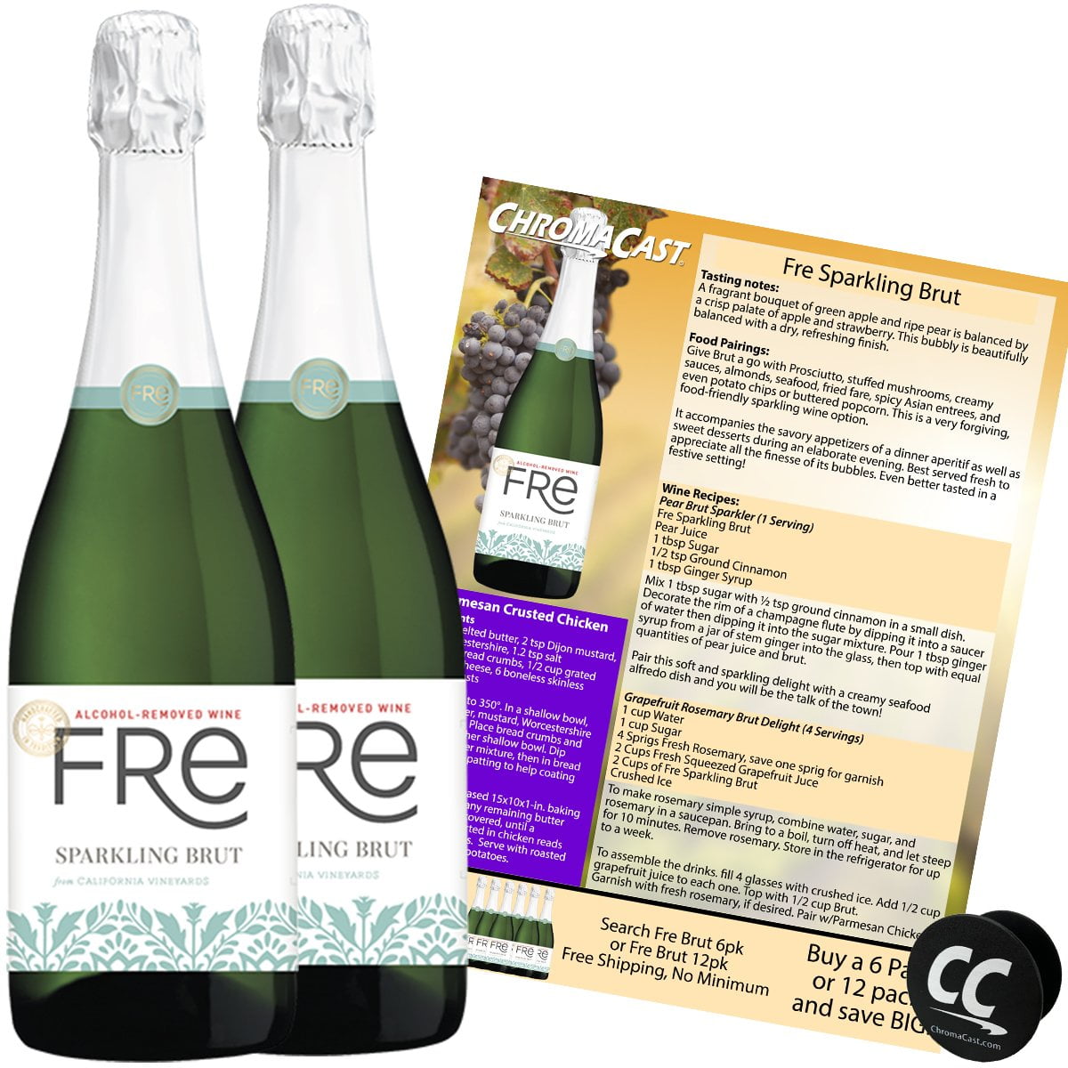 Sutter Home Fre Sparkling Brut Non-Alcoholic Champagne Experience Bundle with Chromacast Pop ...
