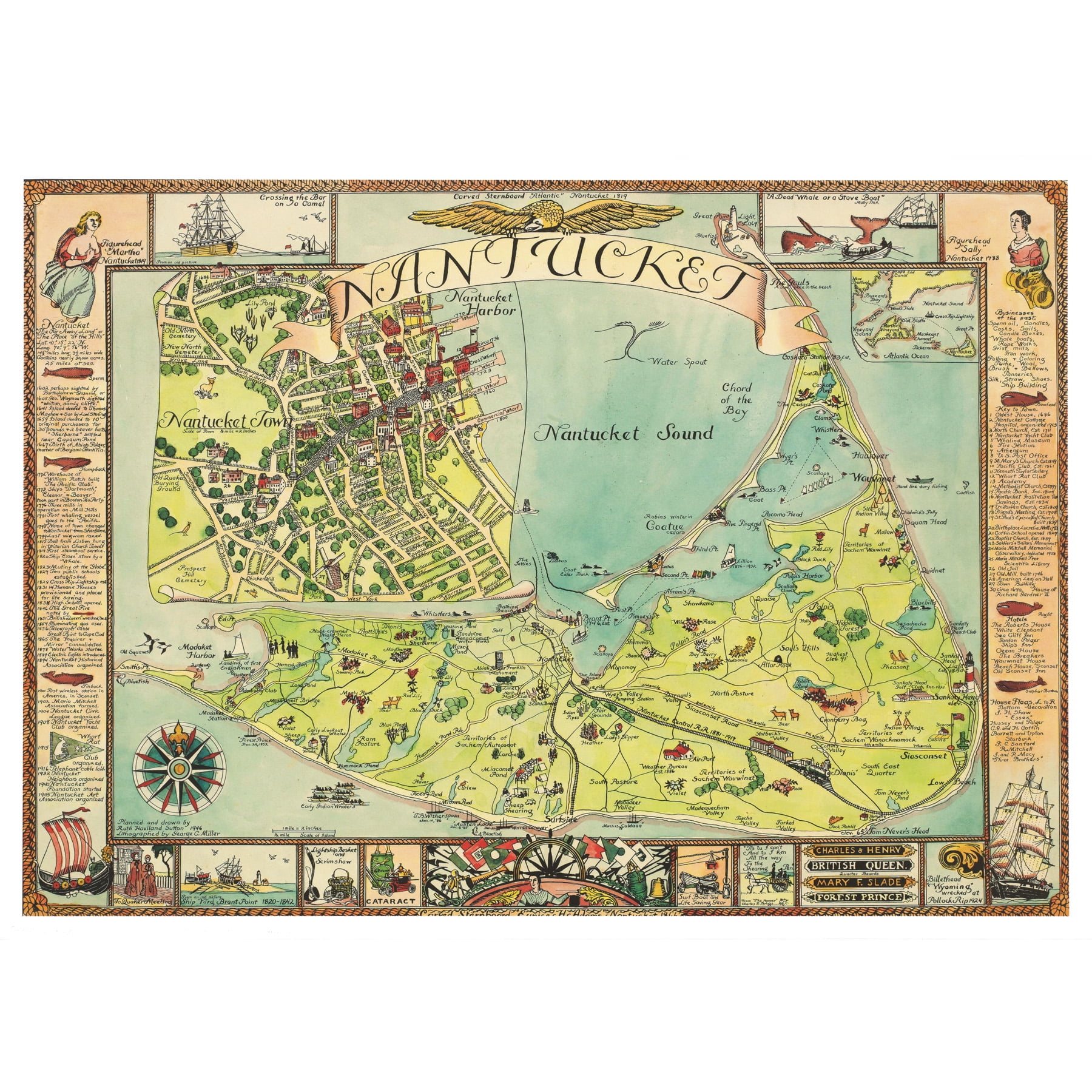 Sutton 1946 Pictorial Map Nantucket Island MA Extra Large XL Wall Art ...
