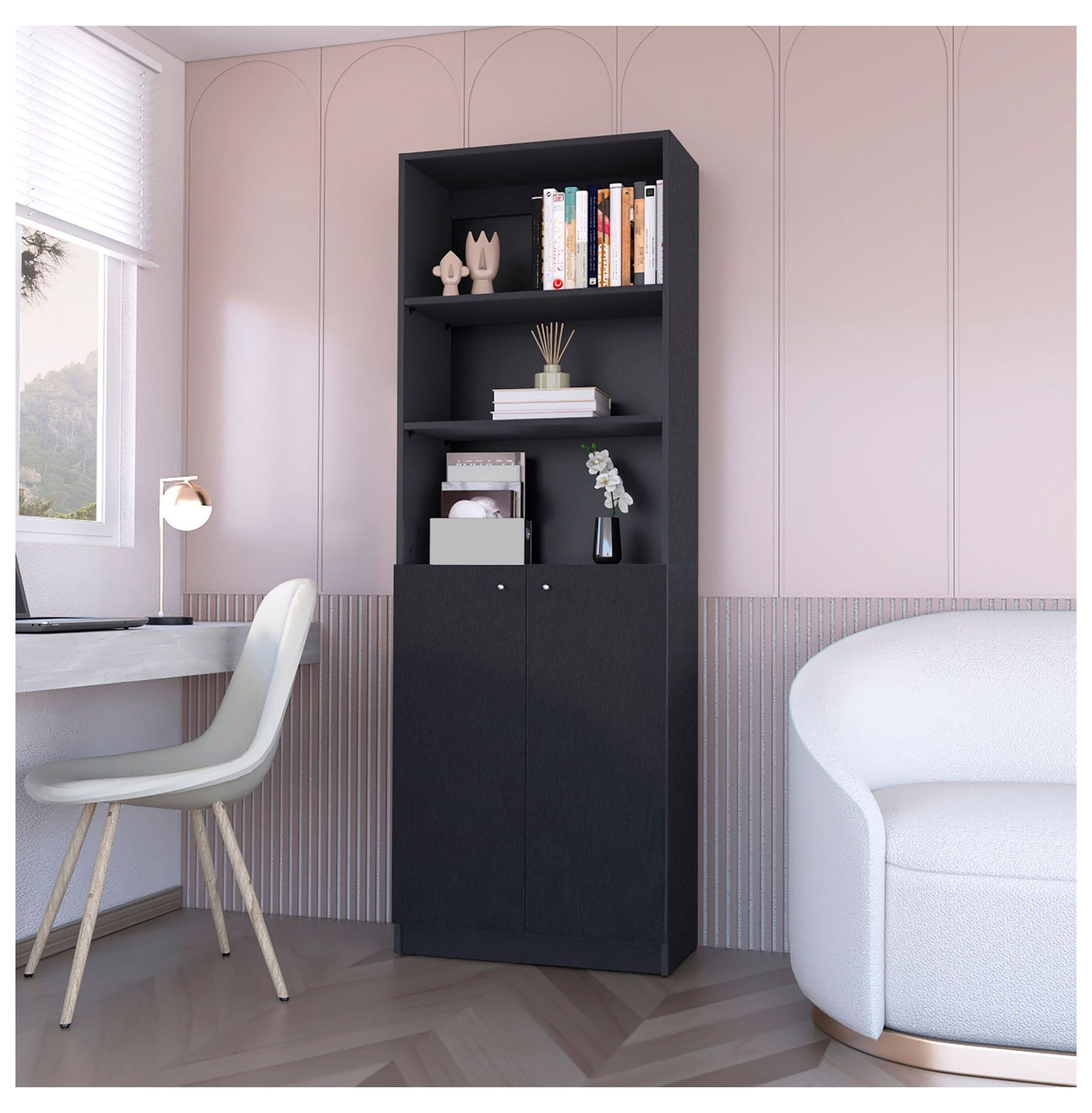 Sutton 2-Door Bookcase, Modern Storage Shelves, Double Door Design, 71 ...