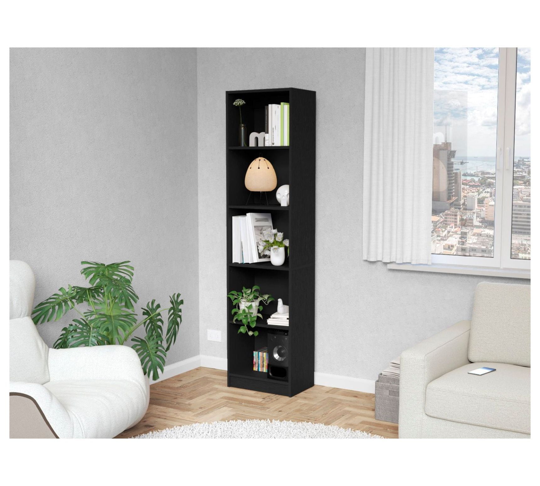 Sutton Slim Bookcase, 5-Shelf Modern Bookshelf - Compact Design ...