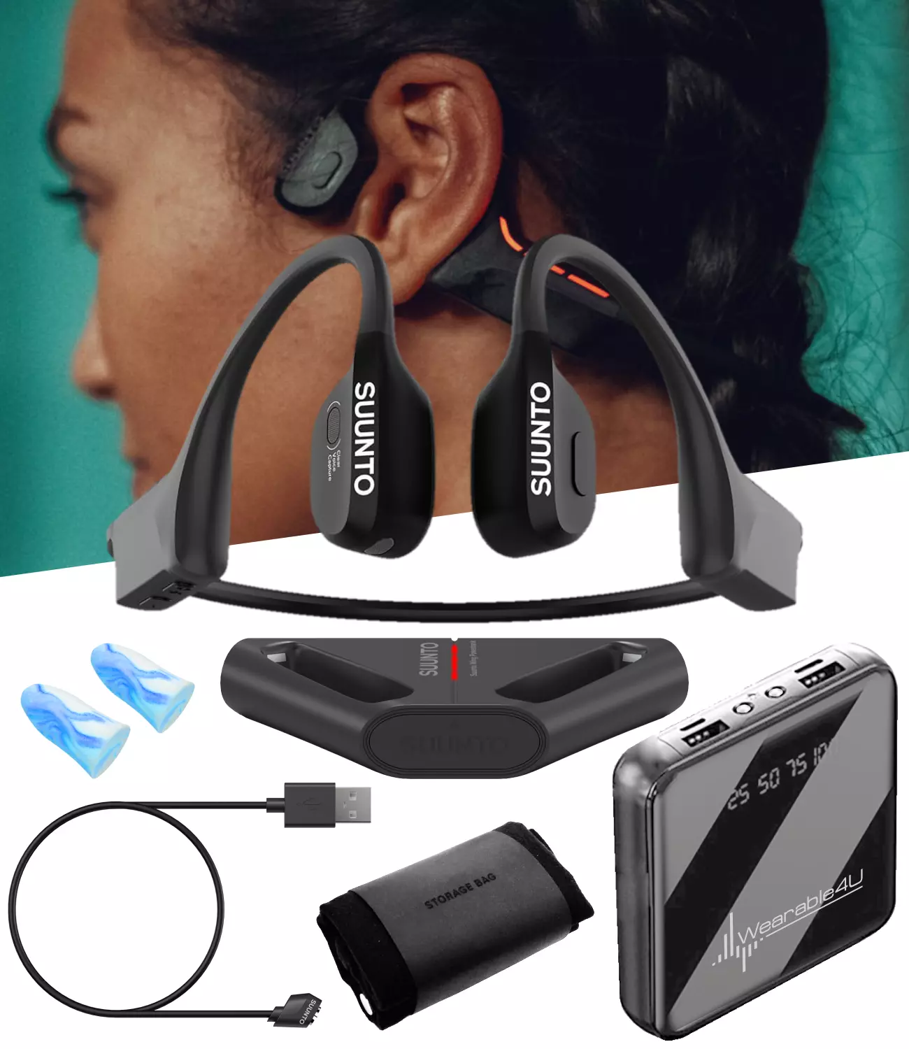 Suunto Wing Open-Ear Bone Conduction Headphone Black with Power Bank ...