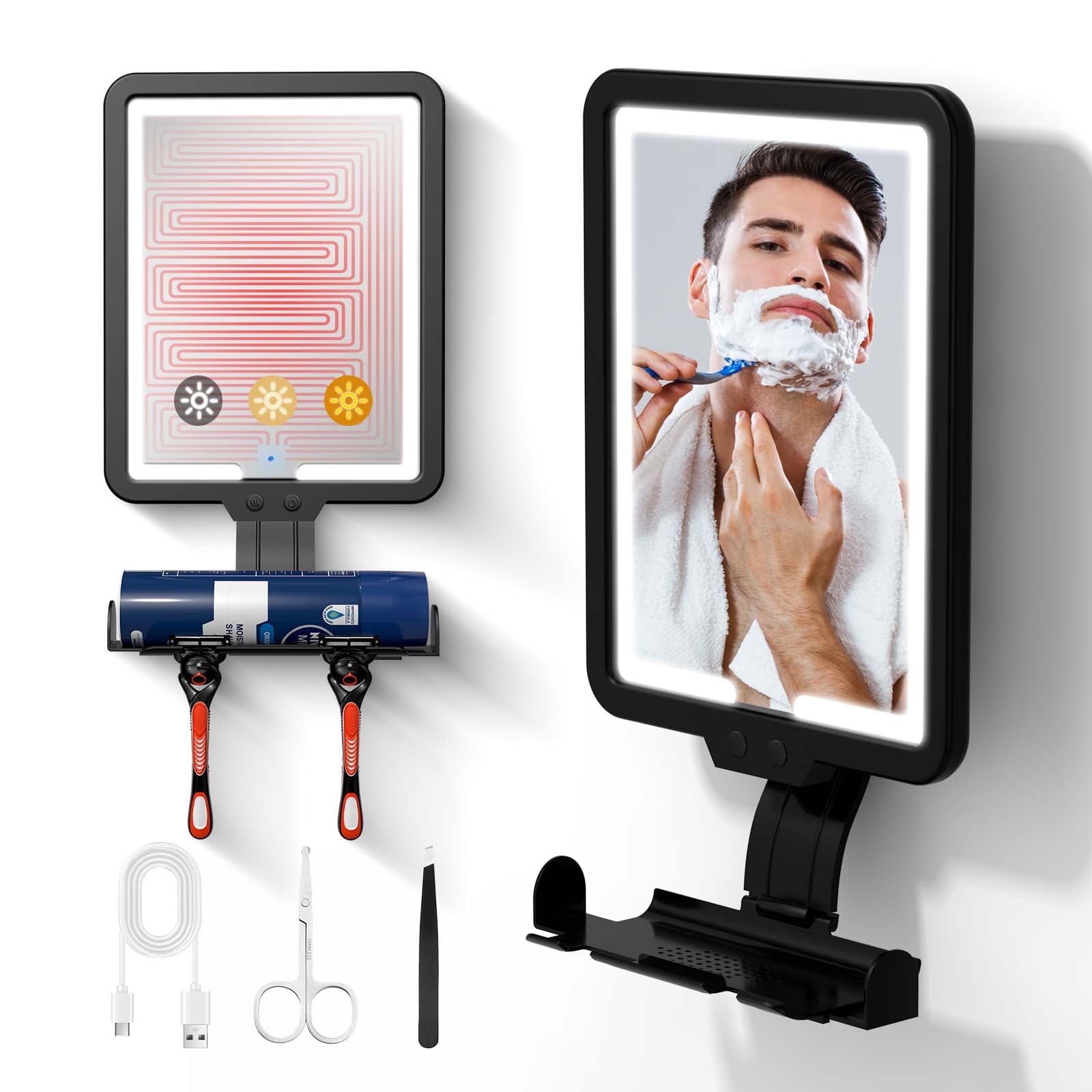 Suupvaor LED Fogless Shower Mirror with Lighted Tricolor, Razor Holder ...