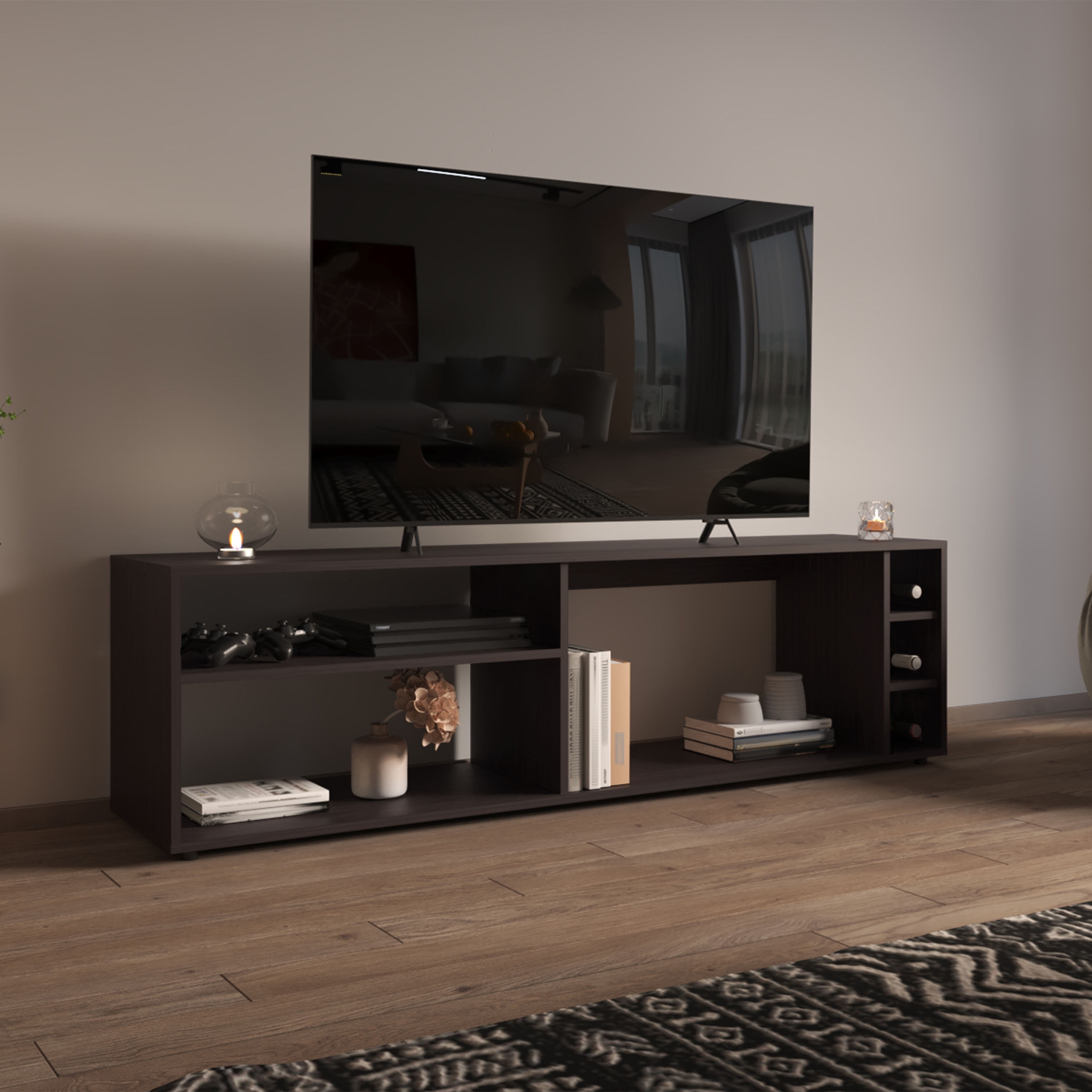 Suxta 63" Wide Tv Stand with Three Open Shelves and Three Bottle ...