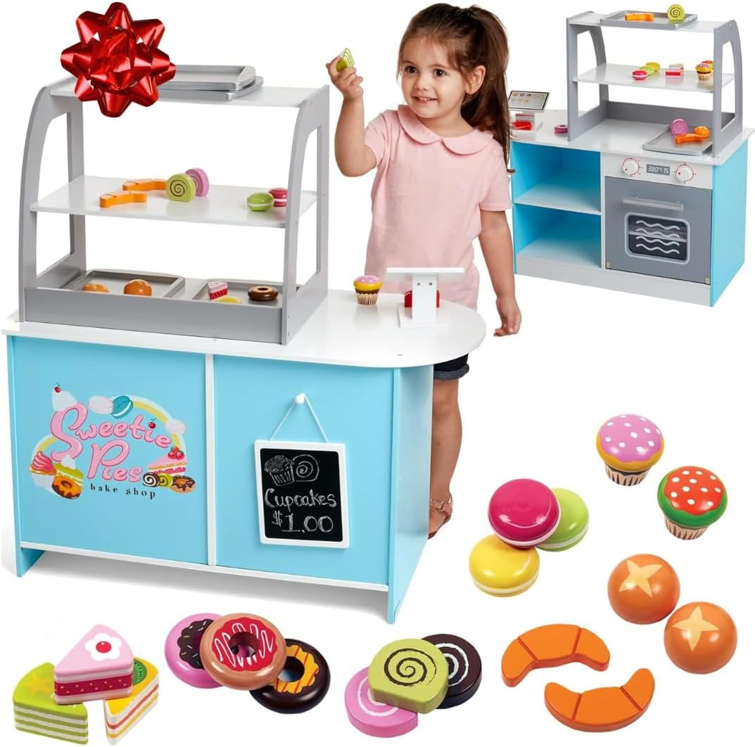 Svan Wooden Bakery Playset Pretend Stand for Kids- 25 Piece Bake Shop ...