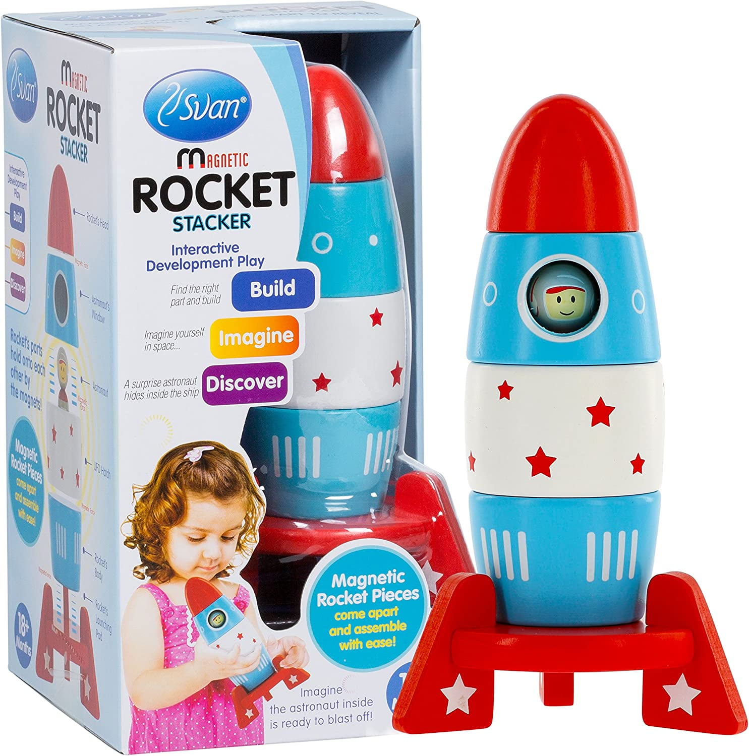 Svan Wooden Stacker Toy Space Rocket - 6 Magnetic Stacking Pieces ...