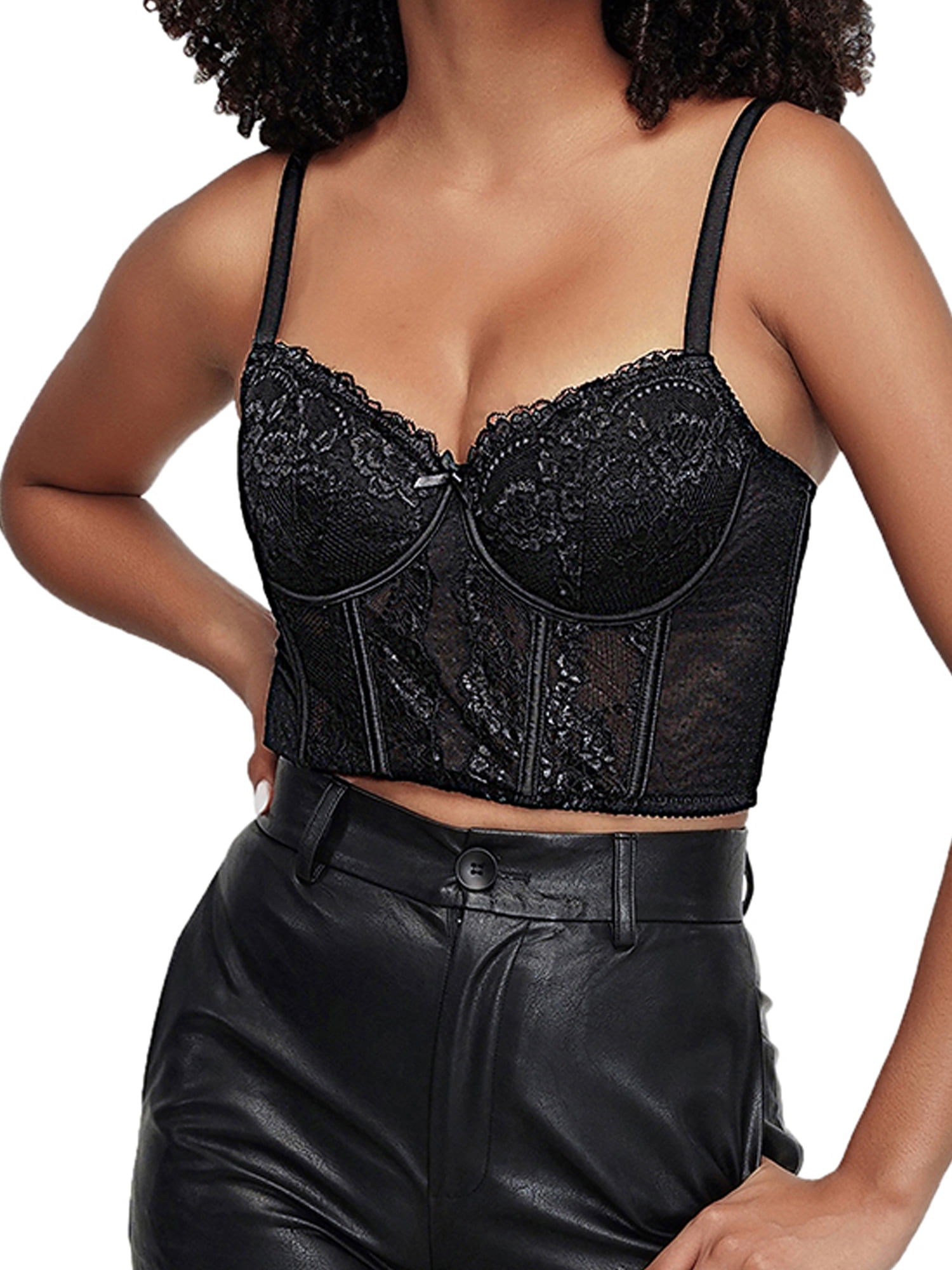 Sveltors Lace Corset Crop Tops for Women Sexy Spaghetti Strap Open Back Boned Summer Going Out ...