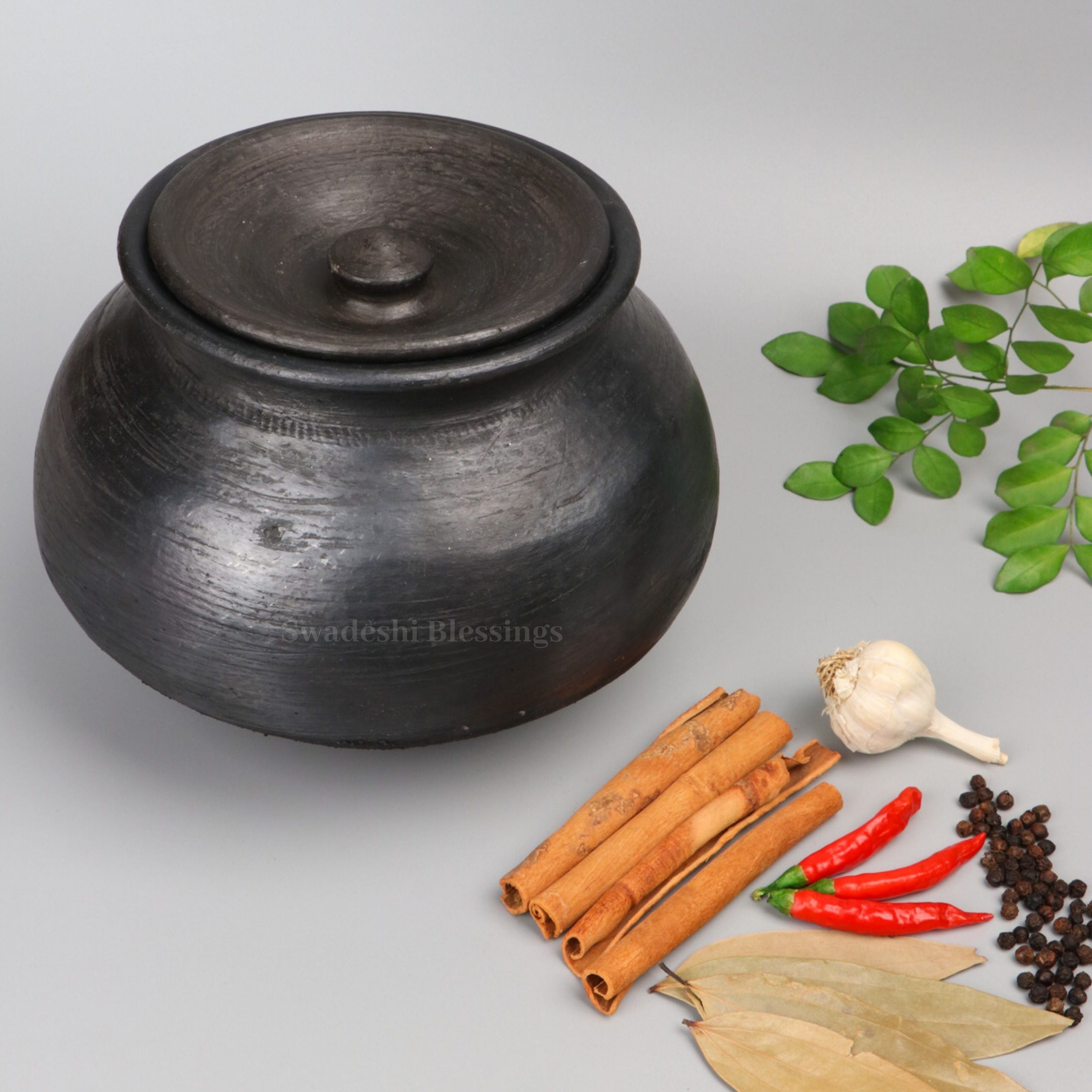 Swadeshi Blessings Earthen Pot for Cooking/Clay Handi 4.5Liters Black ...