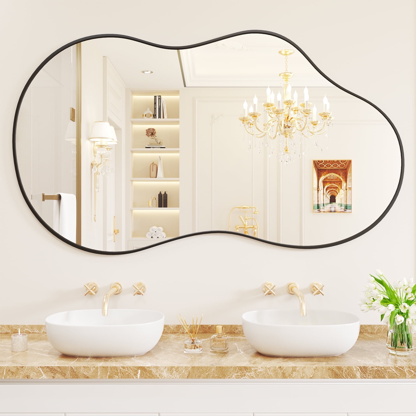 Swafert 26x46 inch Black Irregular Wall Mirror, Asymmetrical Mirror ...