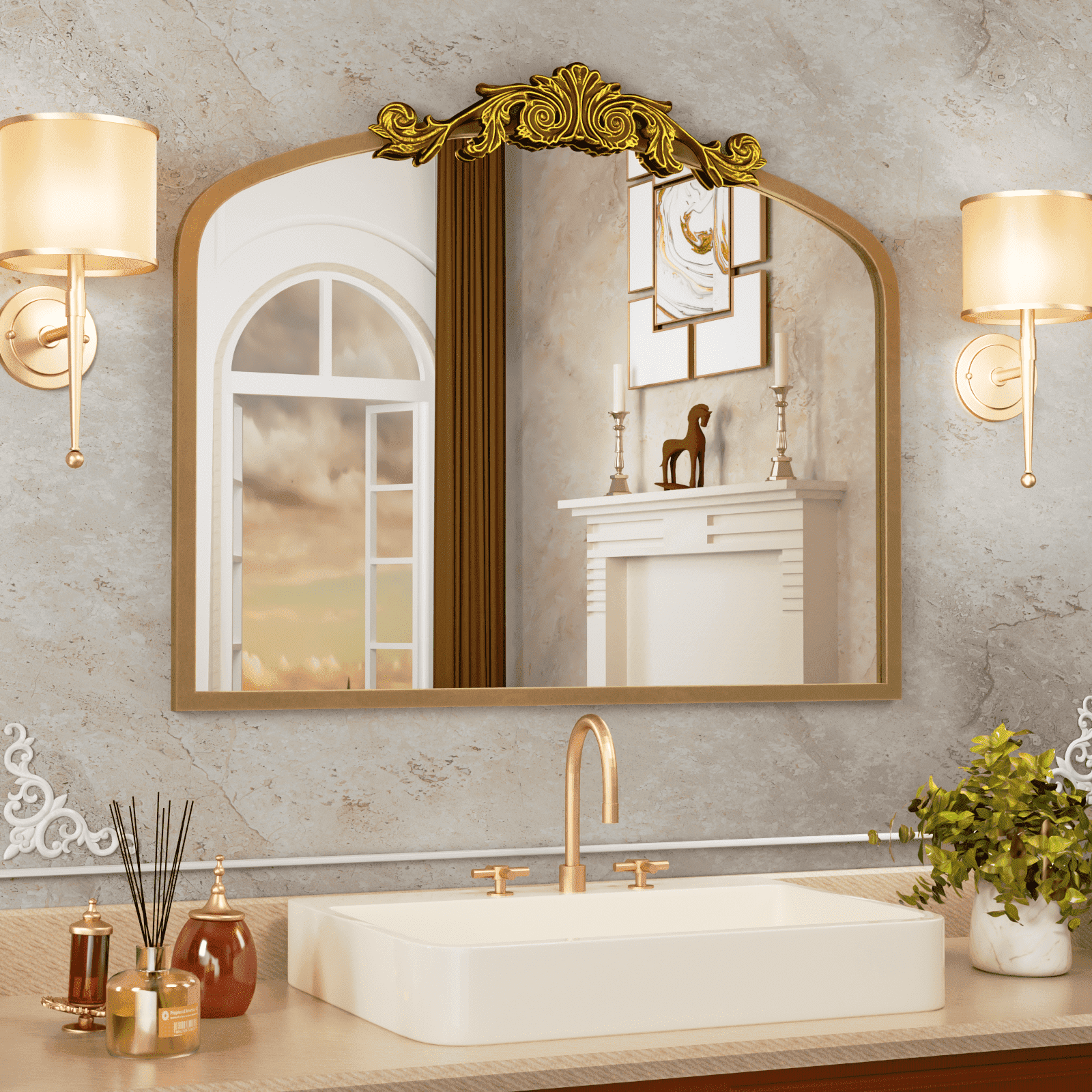 Swafrrt 36" x 30" Antique Gold Arch Mirror Vintage Wall Mirror Decor ...