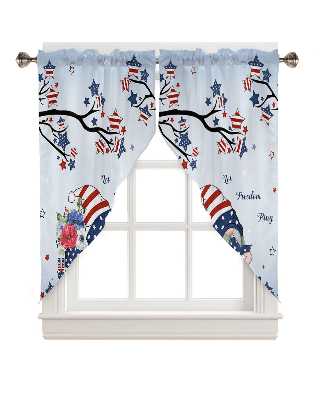 Swag Curtains, 4th of July USA Flag Patriot Gnome Flower Tree Aqua Blue ...
