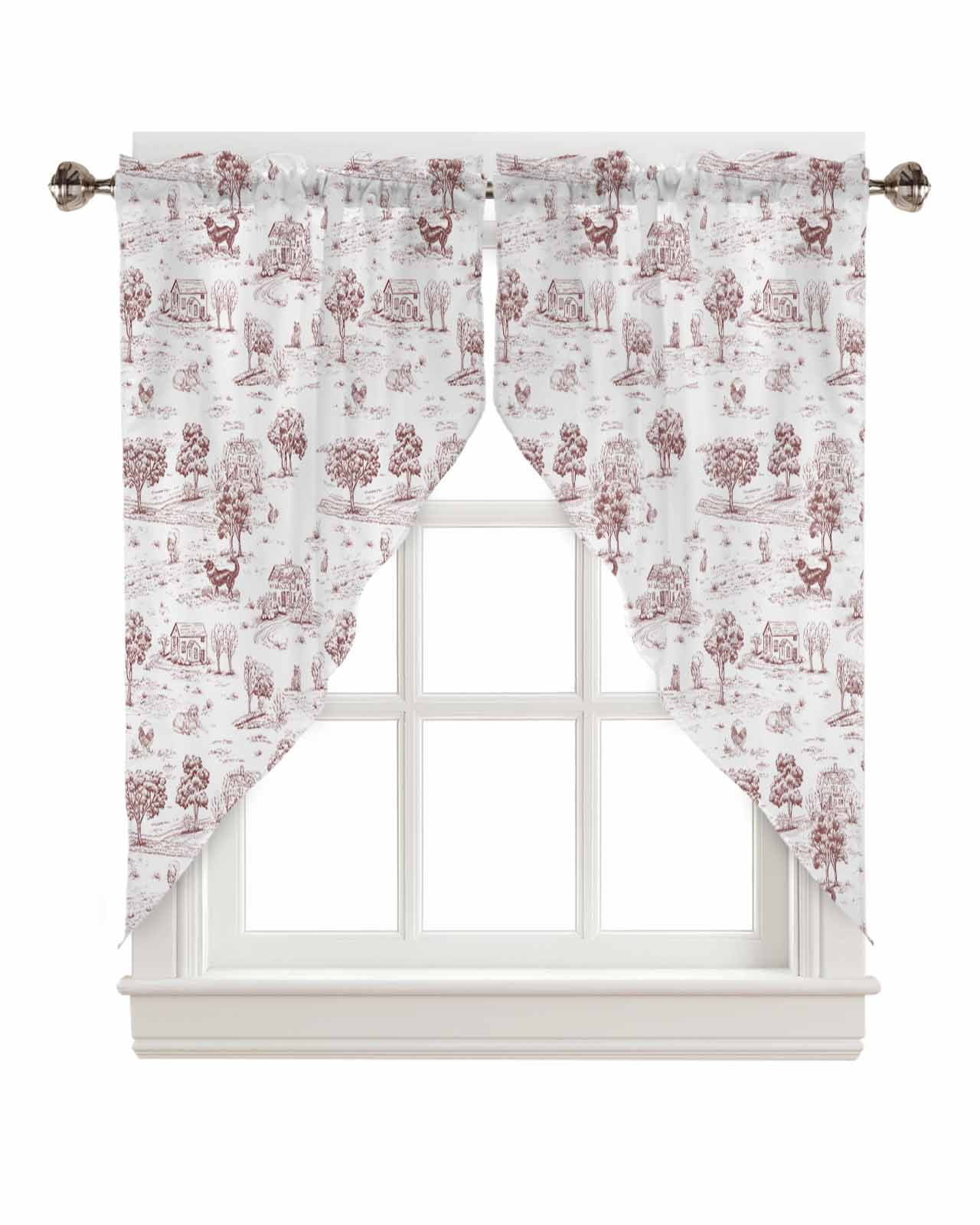 Swag Curtains, Country Style Vintage Cottages Animals Tree Brown Rod ...