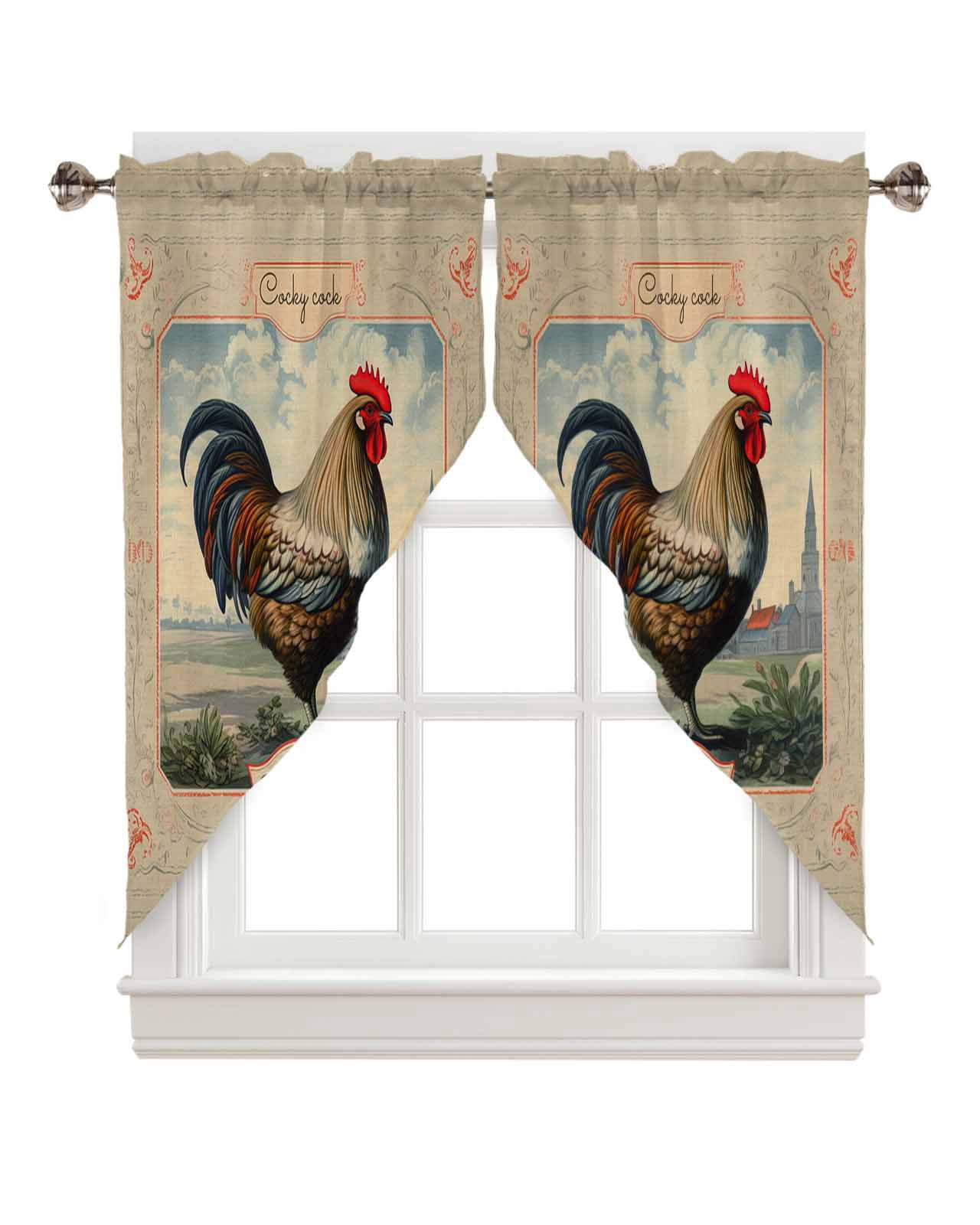 Swag Curtains, Farm Rooster Retro Animal Theme Rod Pocket Kitchen ...