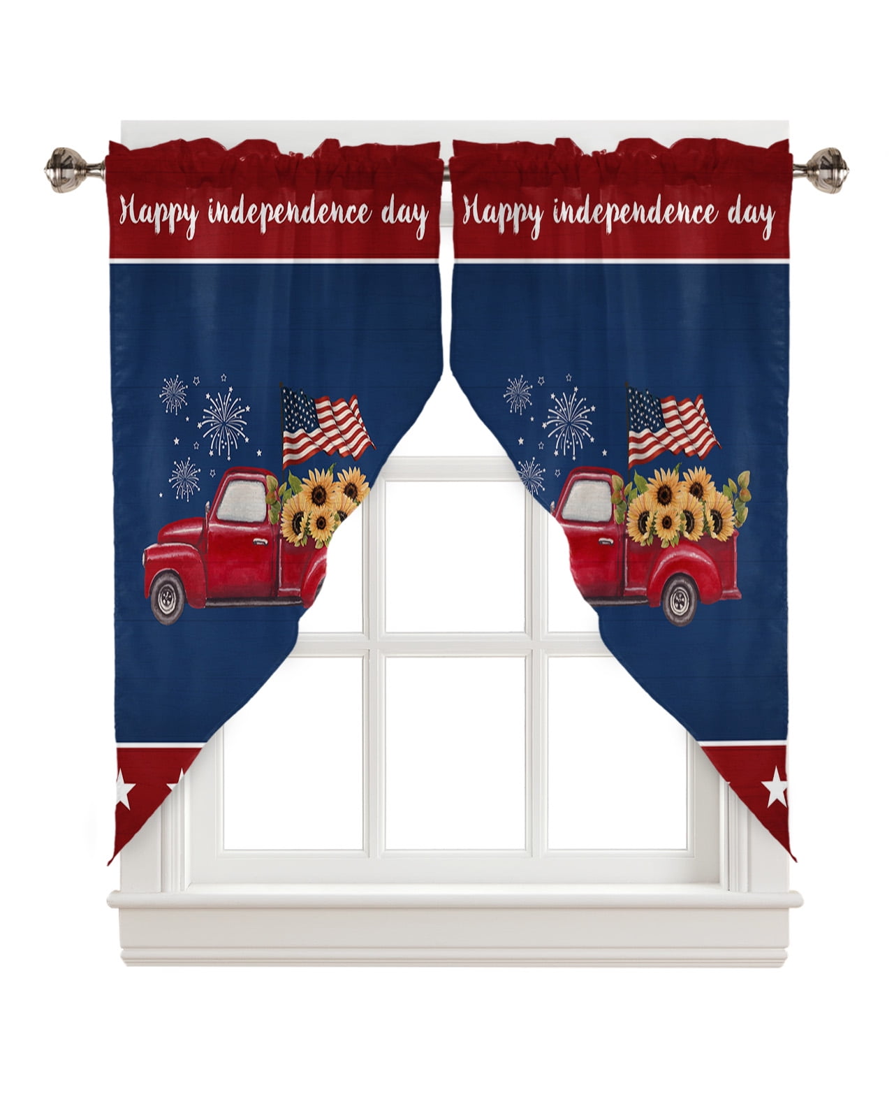 Swag Curtains, Happy Independence Day Red Truck Pull Sunflower ...