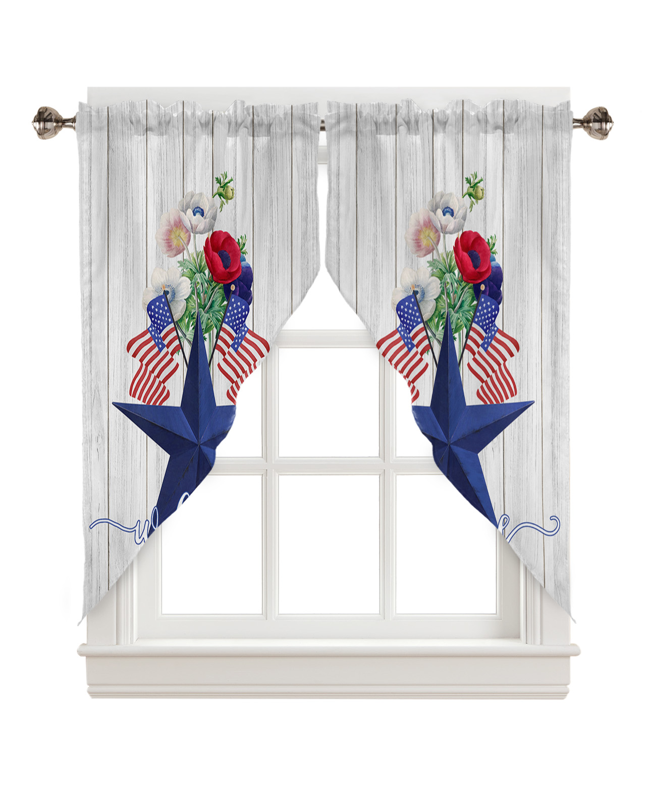 Swag Curtains, Patriotic Star and Red Popies Wood Texture Welcome Rod ...