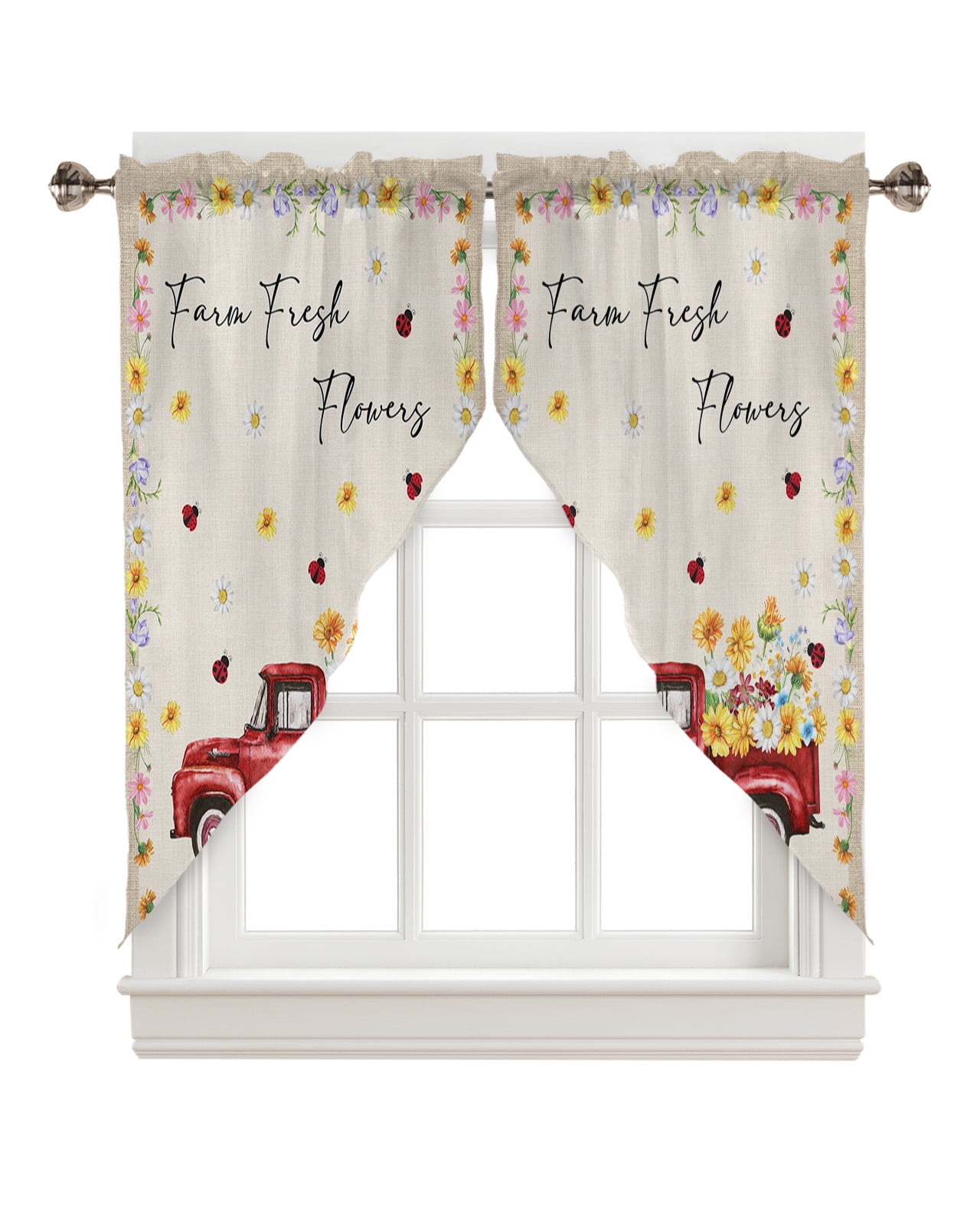 Swag Curtains, Red Truck Florals Linen Style in Summer Rod Pocket ...