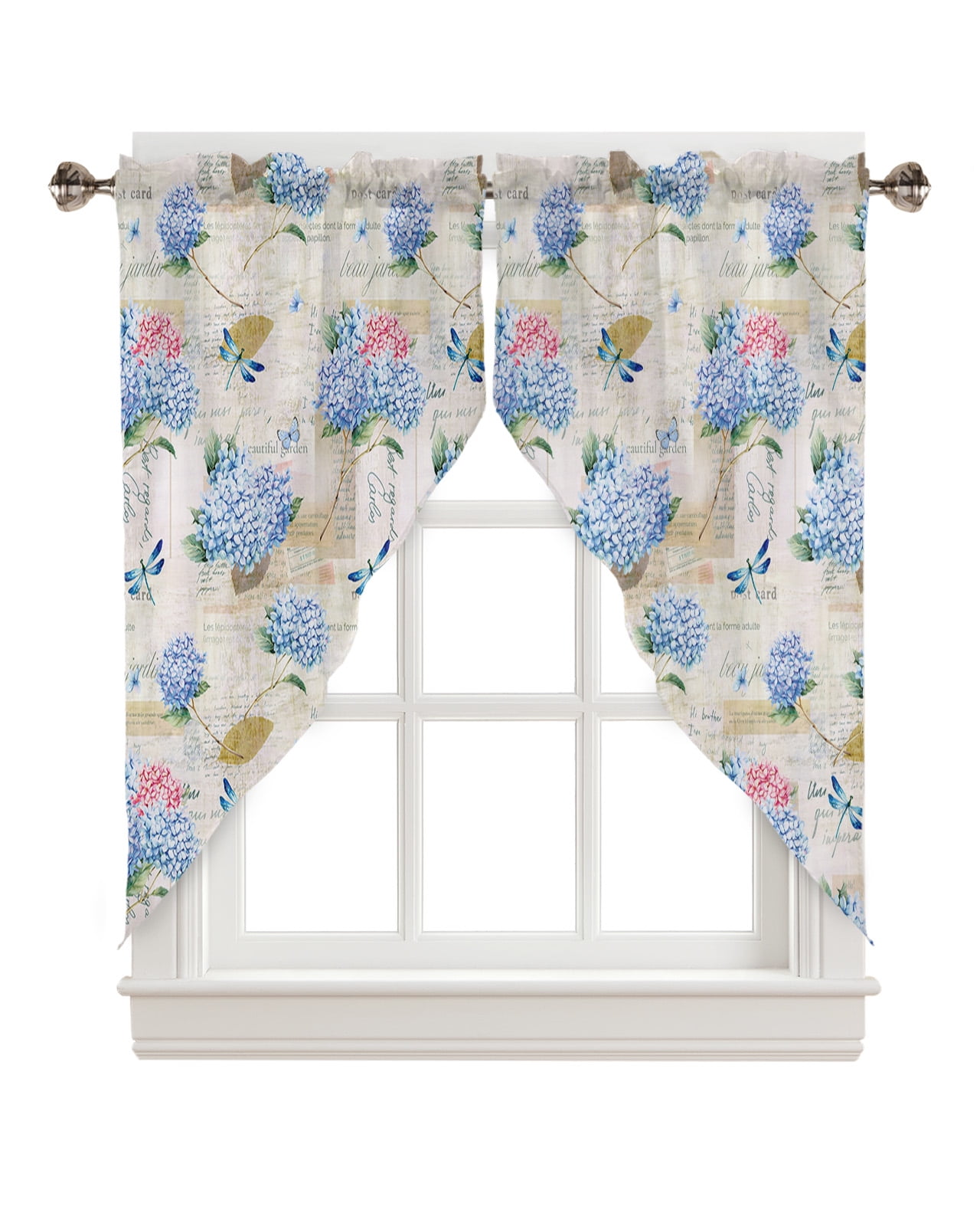 Swag Curtains, Spring Blue Hydrangea Floral Retro Old Newspaper Rod ...