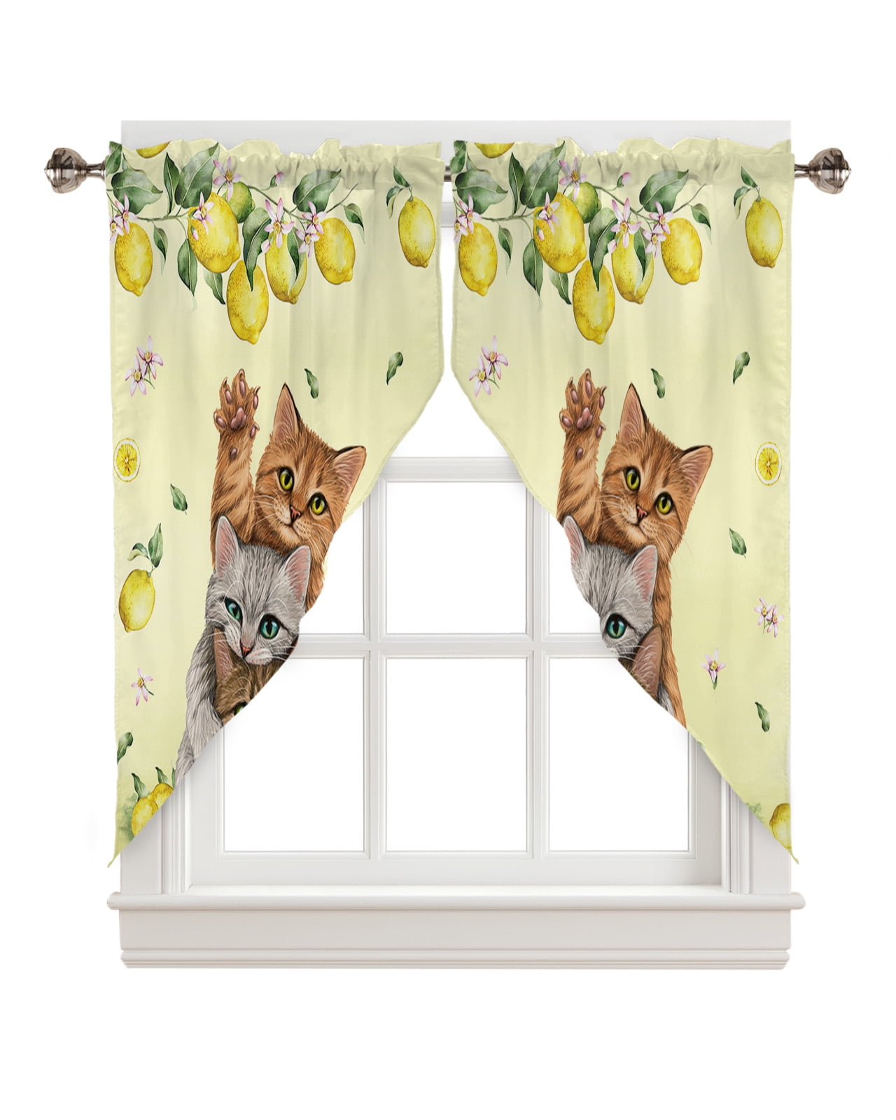 Swag Curtains, Summer Fruit Lemons Yellow Rustic Flowers Cute Cats Rod ...