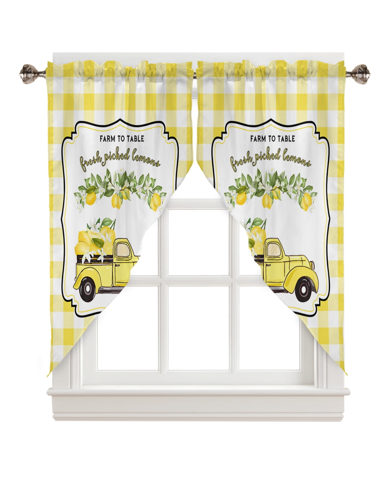 Swag Curtains, Summer Lemon on Rustic Truck Farmhouse Yellow plaid Rod ...