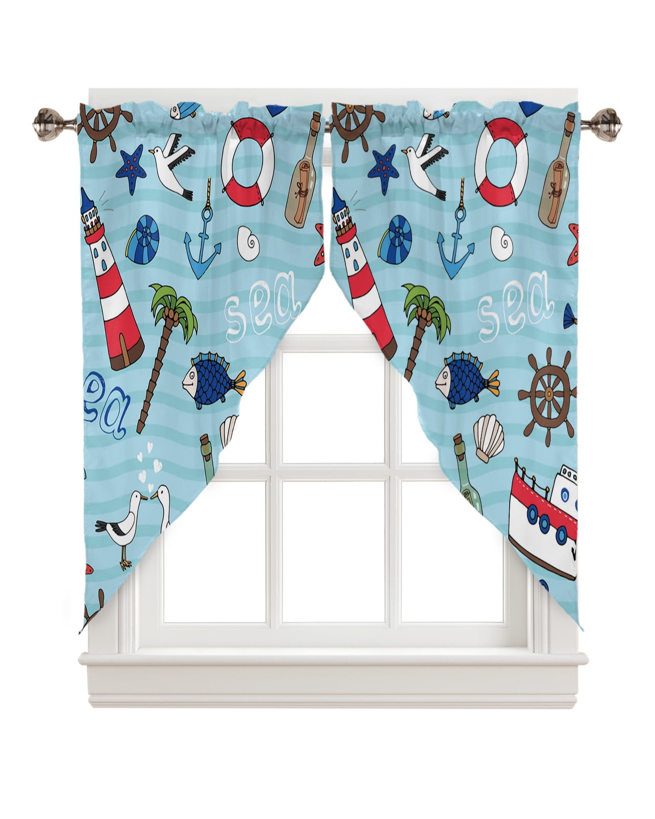 Swag Curtains, Summer Lighthouse Ocean Theme Element Rod Pocket Kitchen ...