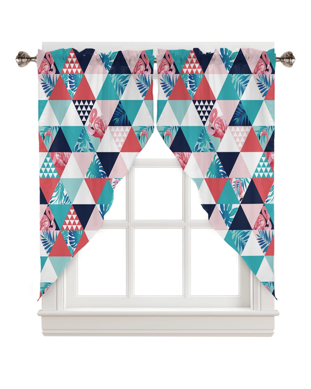 Swag Curtains, Summer Tropical Palm Tree Flamingo Triangular Lattice ...