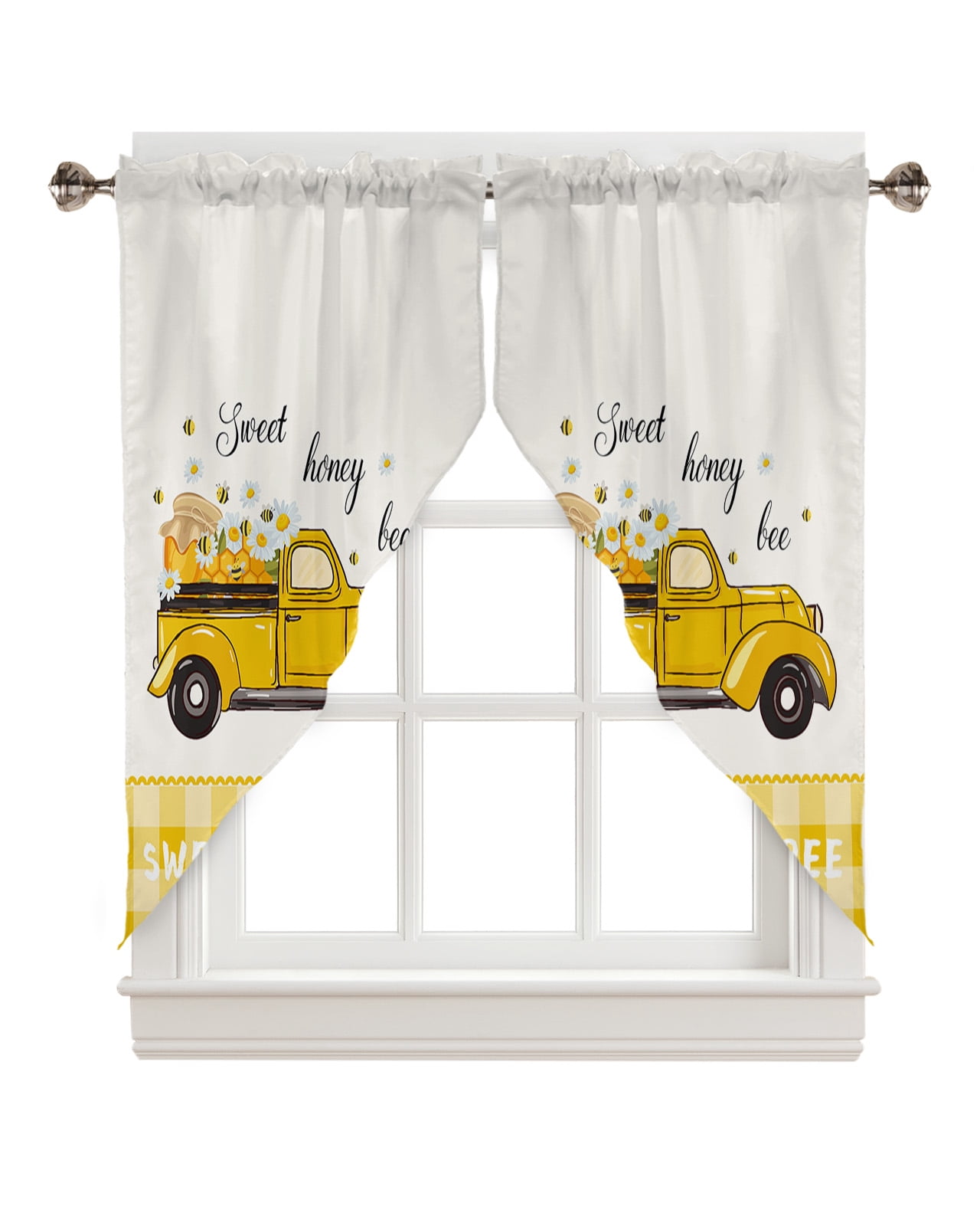 Swag Curtains, Sweet Honey Bee Truck Bees Flowers Yellow Buffalo Plaid ...