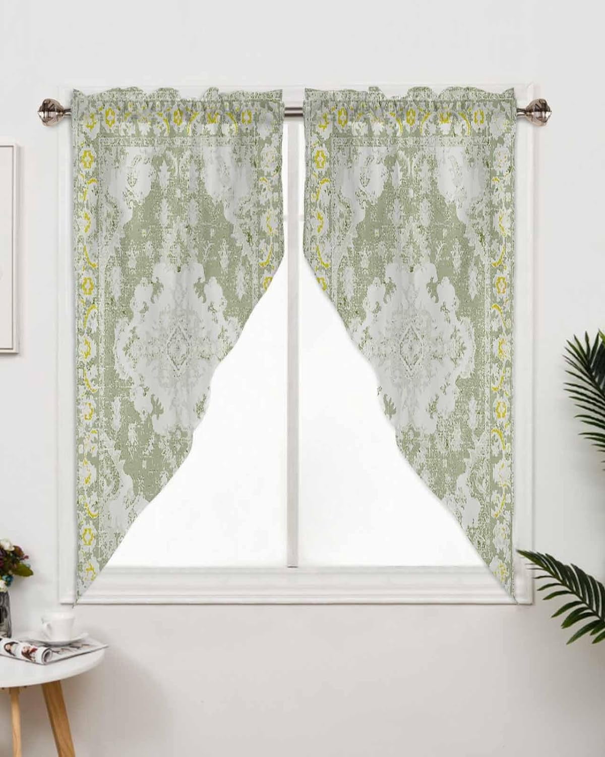 Swag Valance Curtain Tier Pair Sage Green Retro Flowers Pattern Rod ...