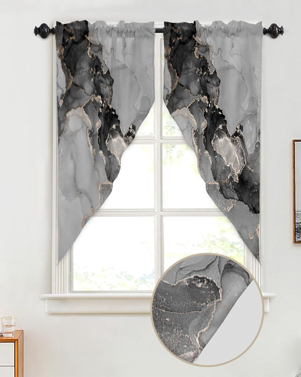 Swag Valance Curtains Abstract Ink Paint Black and Gold Marble Art ...