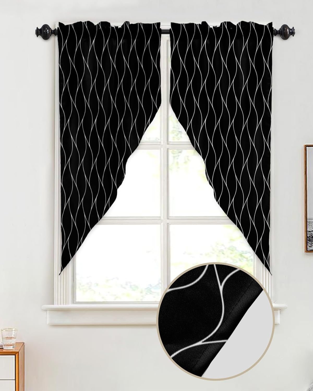 Swag Valance Curtains Black Wave Geometric Abstract Pattern Rode Pocket ...