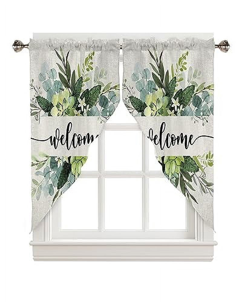 Swag Valance Curtains Farm Plant Summer Eucalyptus Leaves Gray Plaid ...