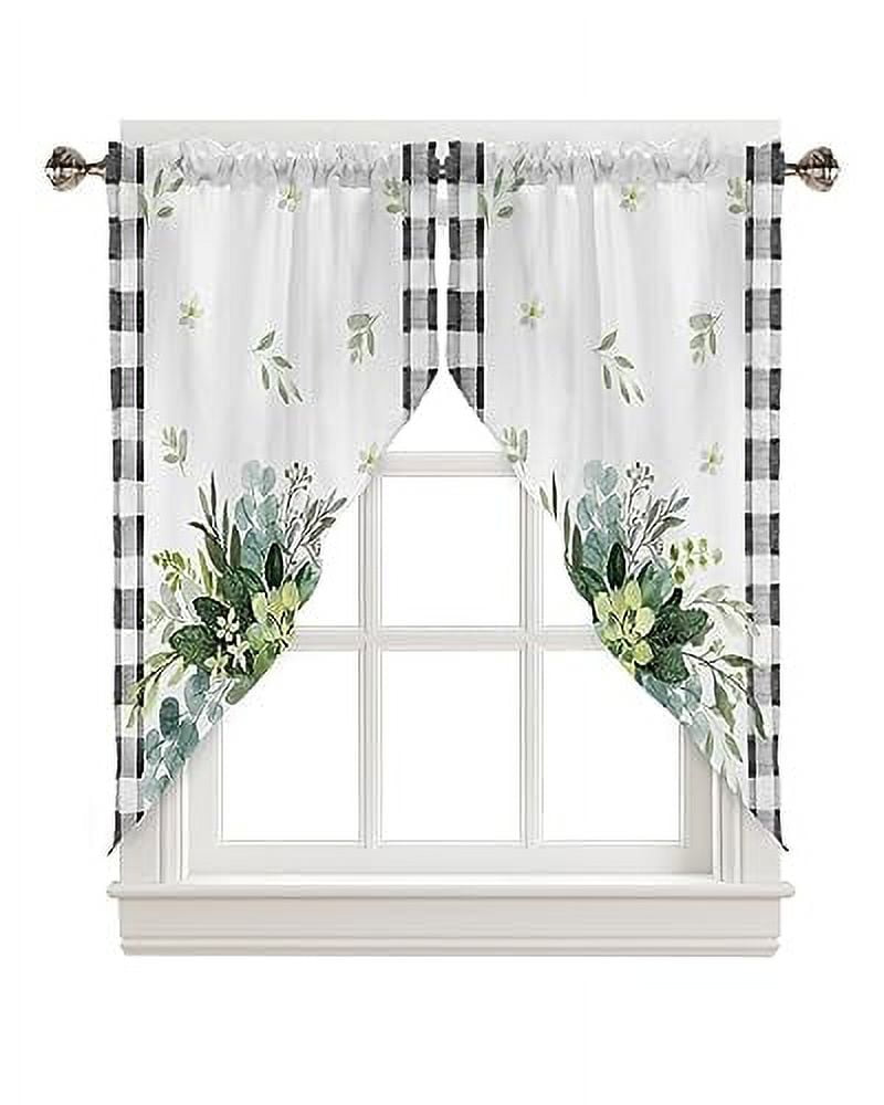 Swag Valance Curtains Farm Plant Summer Eucalyptus Leaves Gray Plaid ...