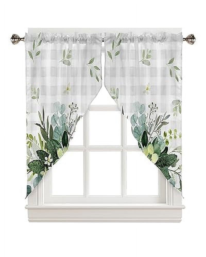 Swag Valance Curtains Farm Plant Summer Eucalyptus Leaves Gray Plaid ...