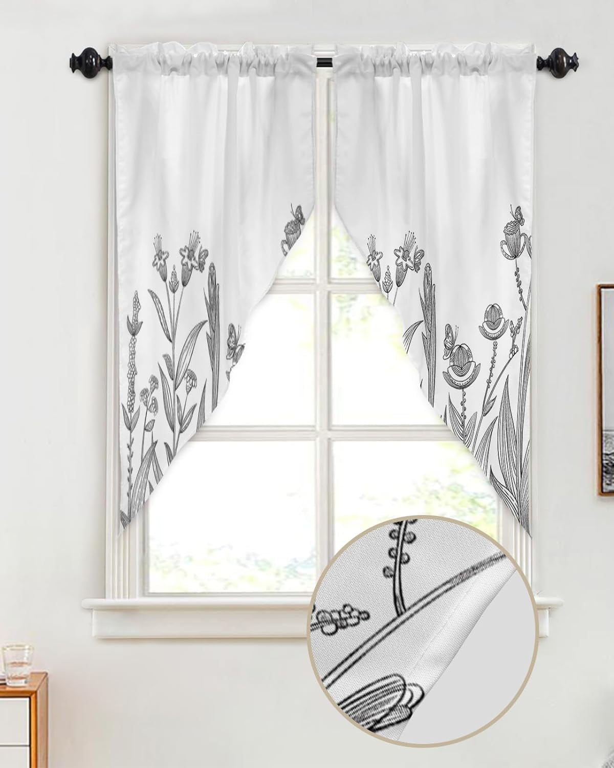Swag Valance Curtains Hand Drawn Flowers Floral Butterfly Black White ...