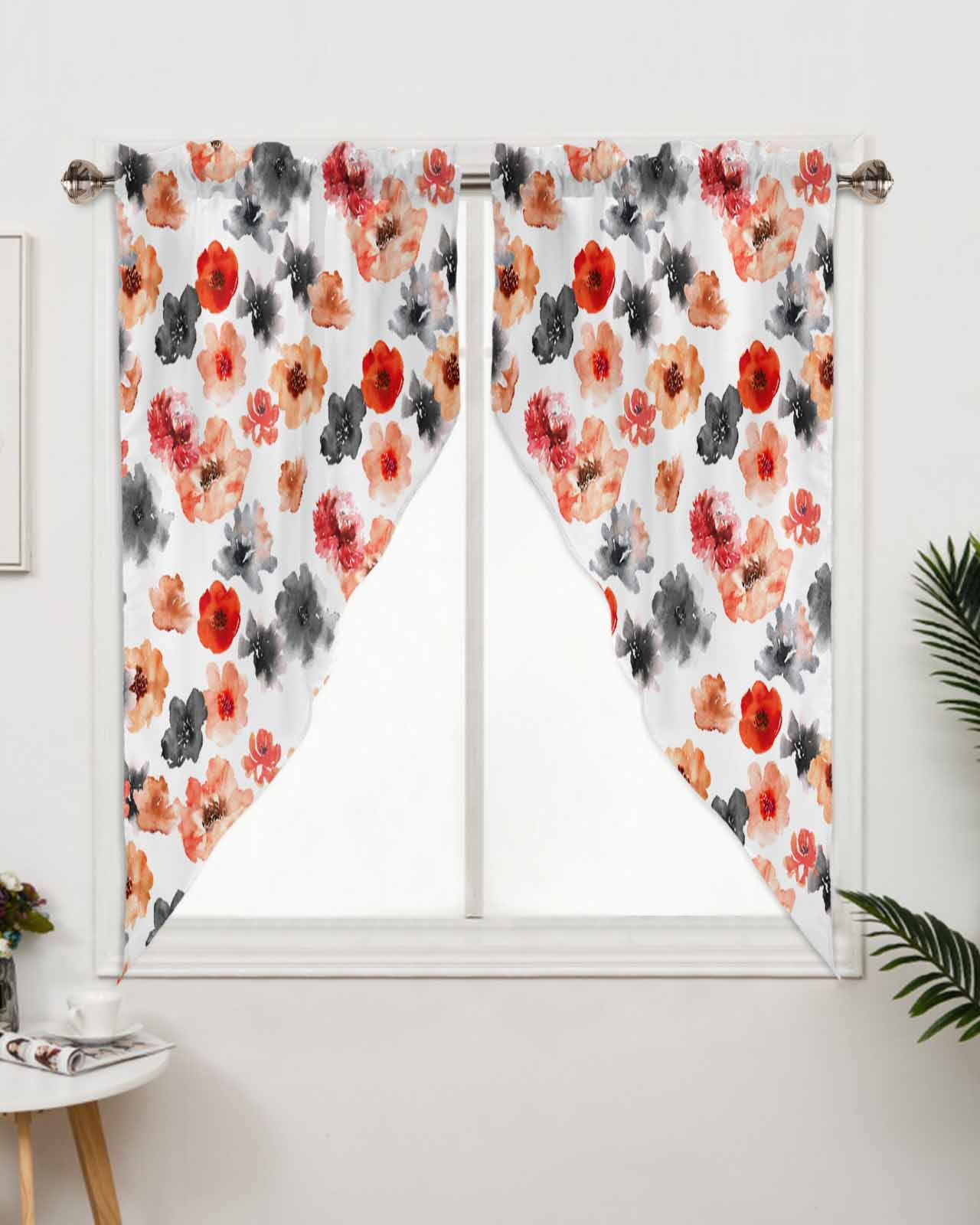 Swag Valance Curtains Plants Floral Red and Black Flowers Linen Texture ...