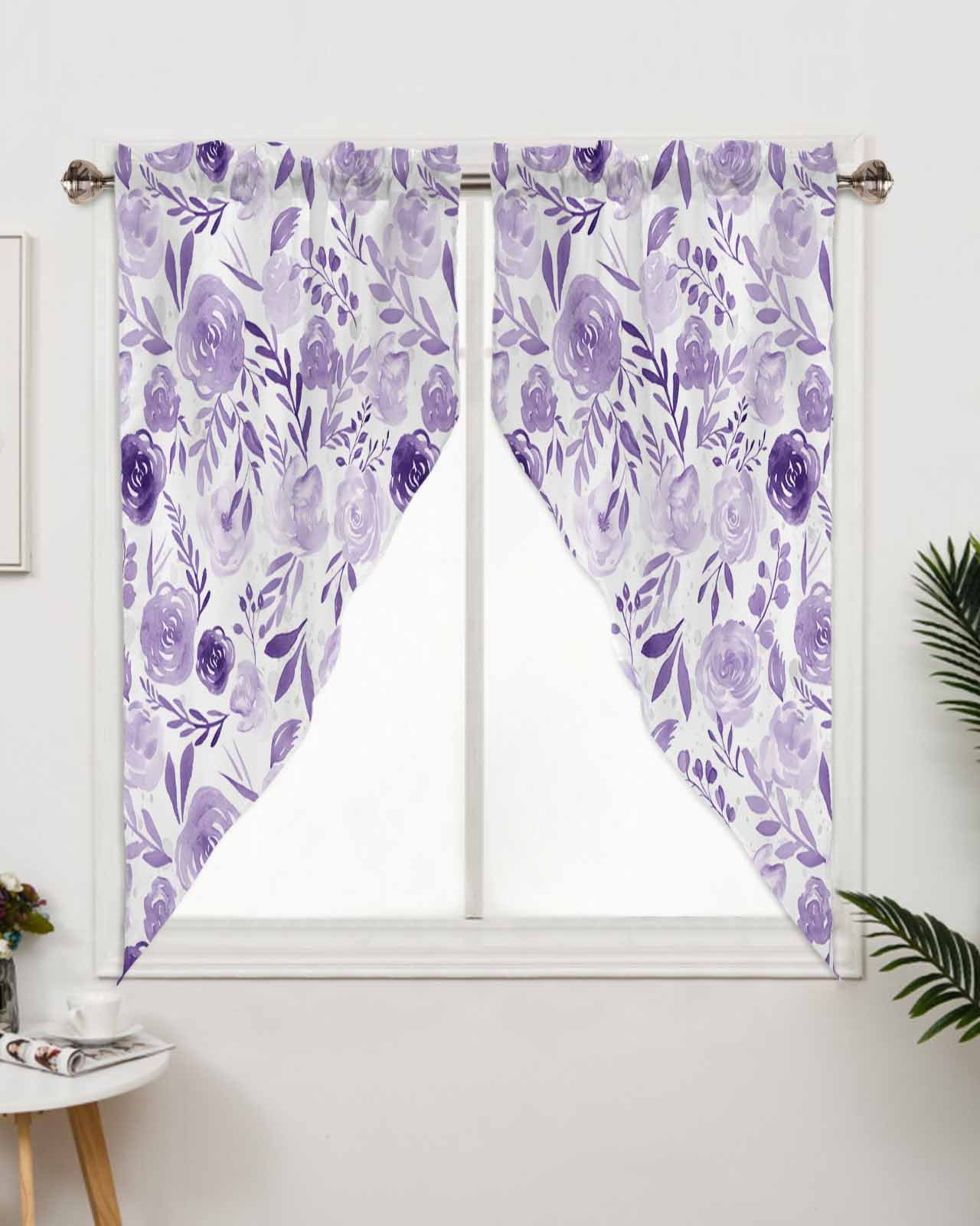 Swag Valance Curtains Purple Flowers Watercolor Floral Plants Window ...