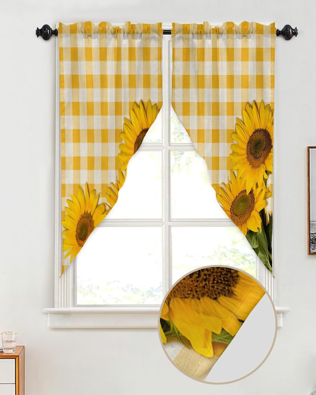 Swag Valance Curtains Rustic Farm Sunflower Yellow Buffalo Plaid Rode ...