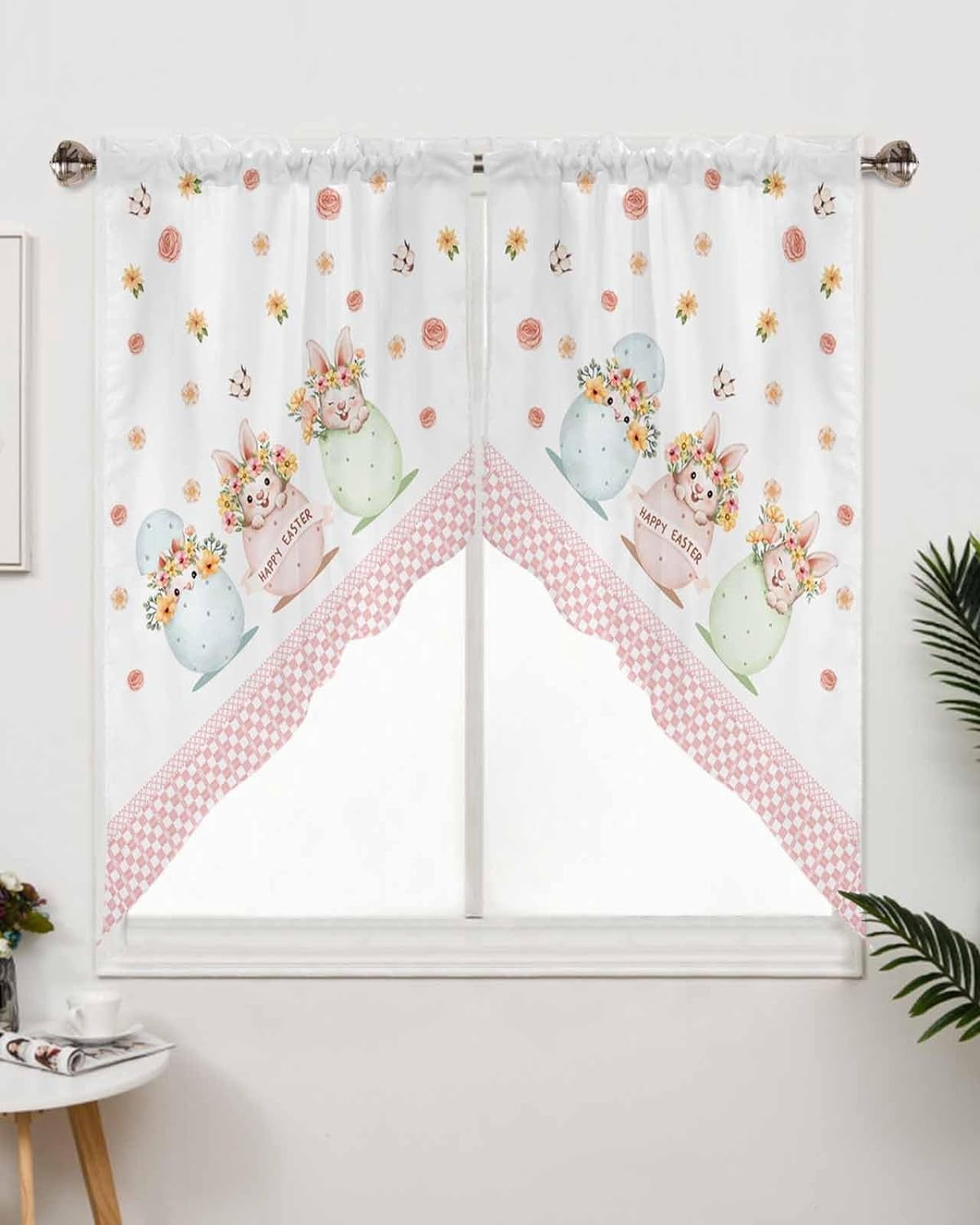 Swag Valance Curtains Spring Rabbit Sunflowers Green Plaid Rode Pocket ...