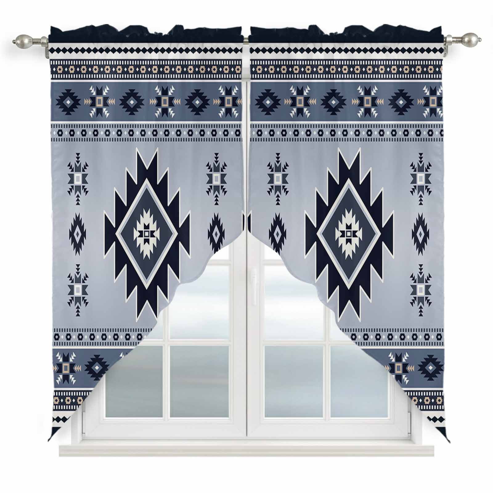 Swag Valance Curtains for Windows, Blue Aztec Light Filtering Kitchen ...