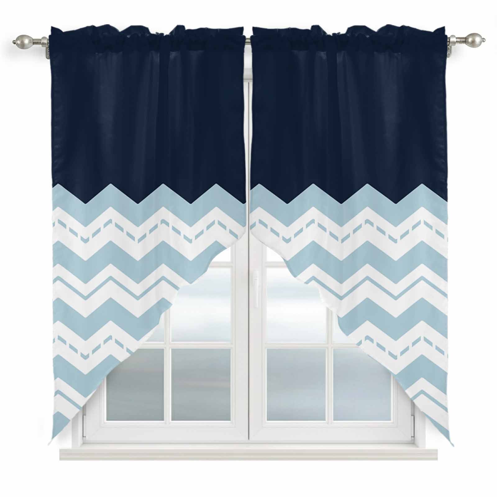 Swag Valance Curtains for Windows, Blue Chevron Light Filtering Kitchen ...
