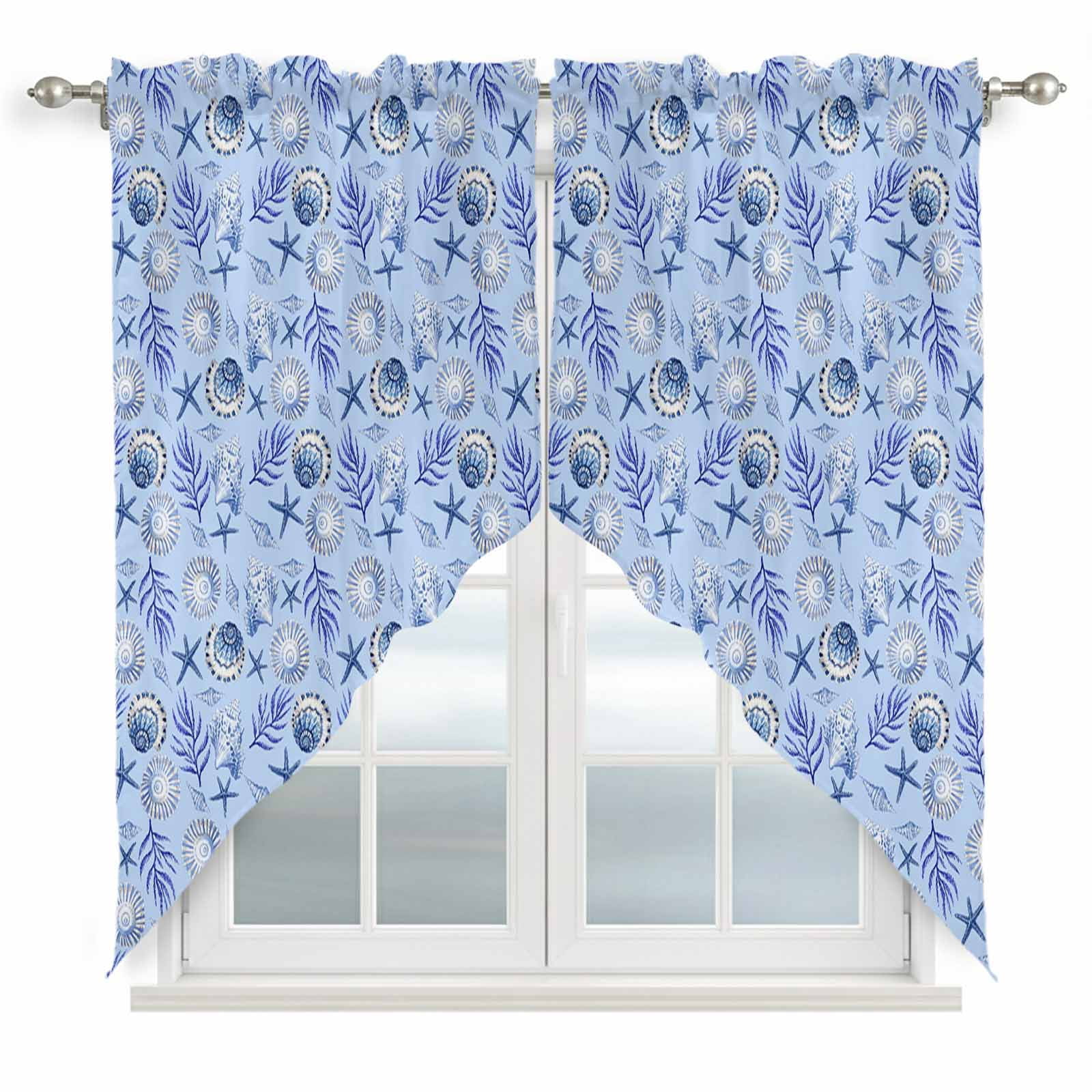 Swag Valance Curtains for Windows, Blue Coastal Conch Light Filtering ...
