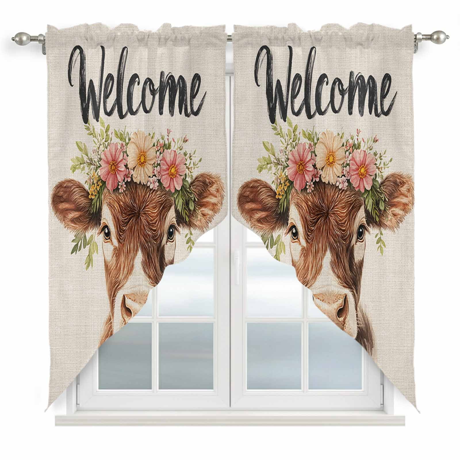 Swag Valance Curtains for Windows, Cow Flower Garland Light Filtering ...