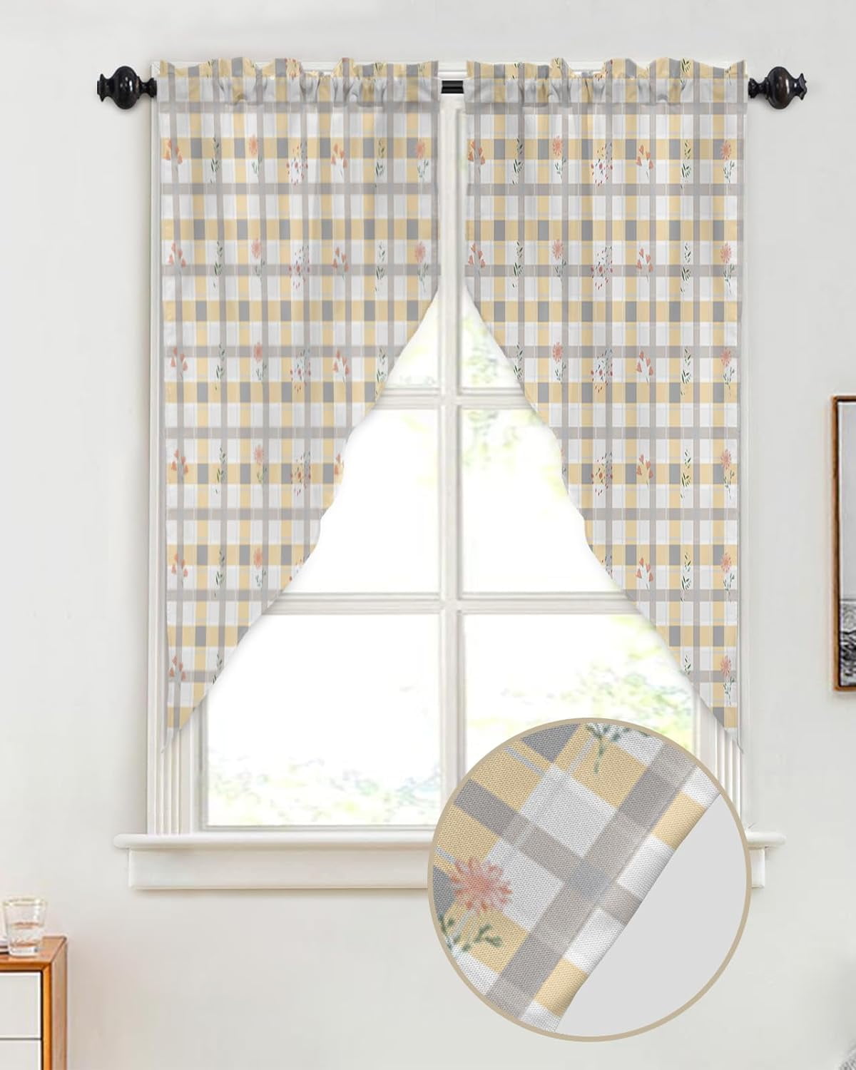 Swag Valance Curtains Yellow Gray Plaid Plants Flower Pattern Rode ...