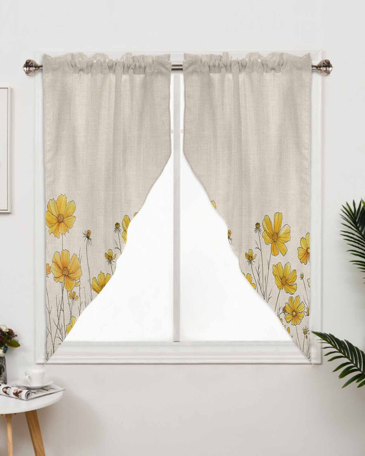 Swag Valance Curtains Yellow Watercolor Flower and Plant Linen Pattern ...